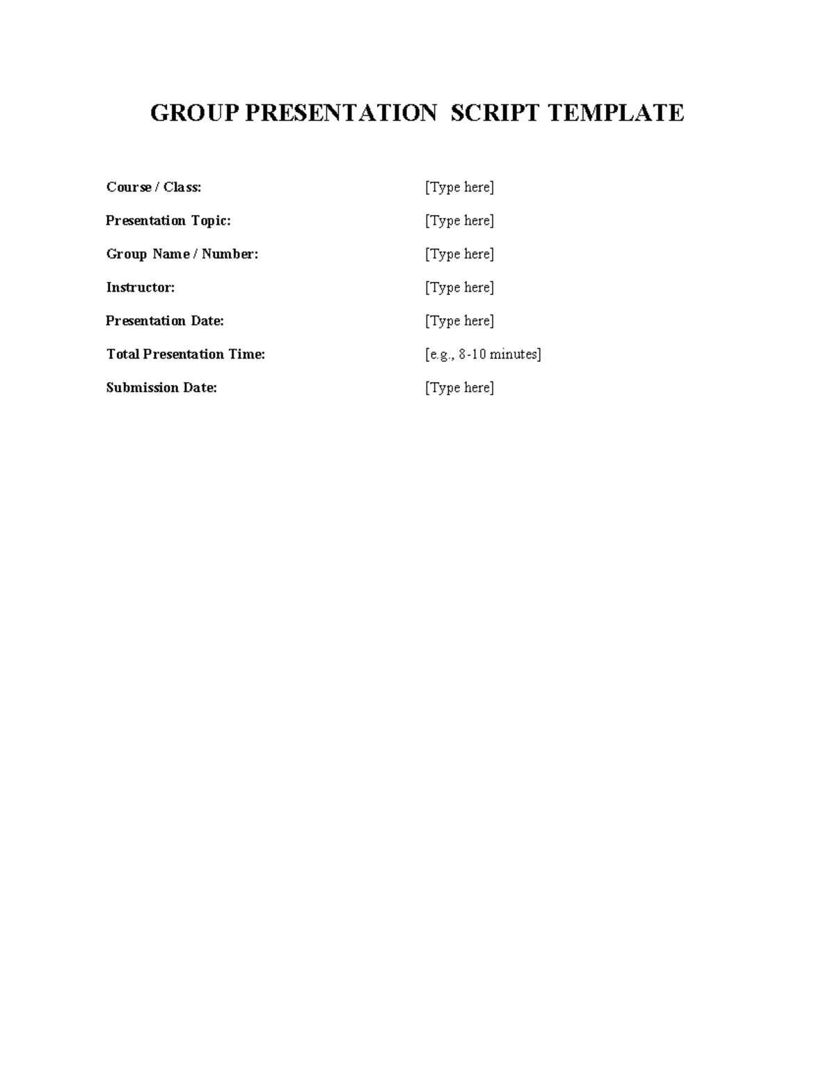 Group Presentation Proposal Script Template (Course Code) - Studocu
