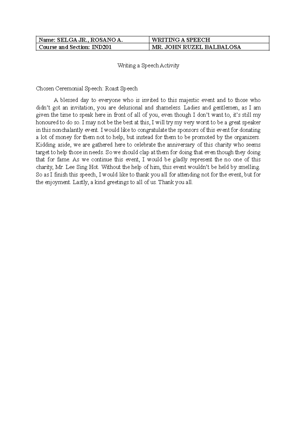 Ceremonial Speech Writing for IND201: Roast Speech Example - Studocu