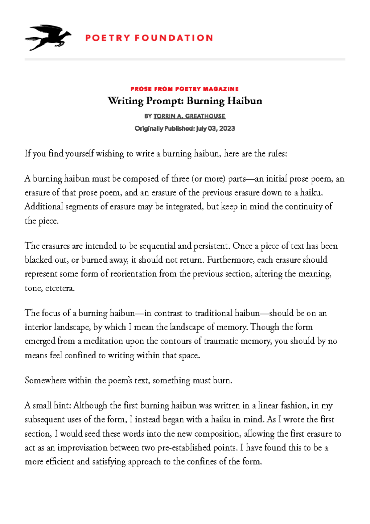 Writing Prompt: Creating a Burning Haibun - Studocu