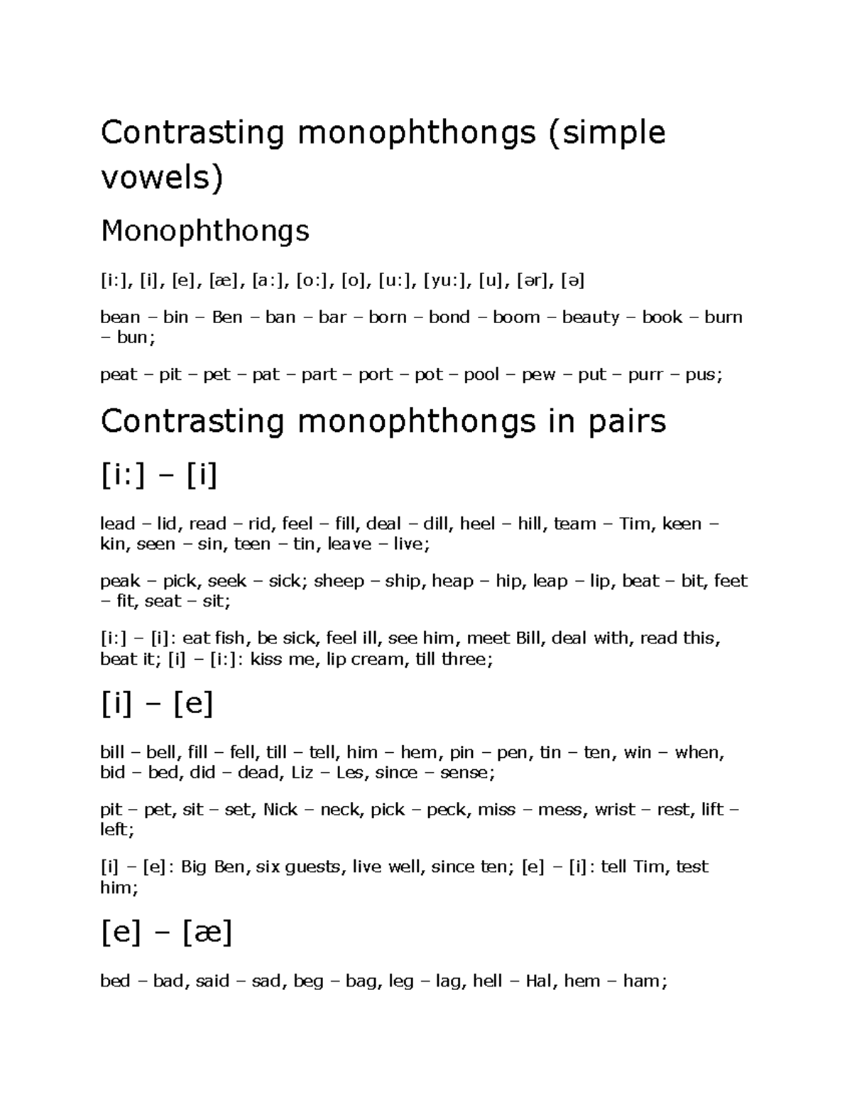 Contrasting Monophthongs & Diphthongs: Minimal Pairs for Comm. (ENG 2 ...