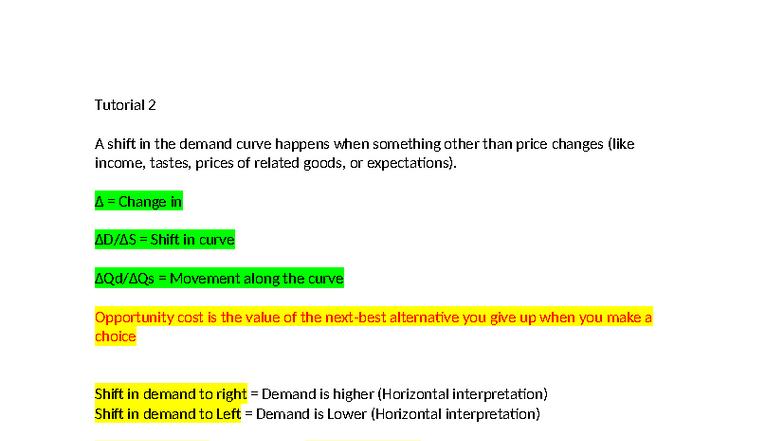 Tutorial 2 - Demand Curve Shifts and Economic Concepts - Studocu