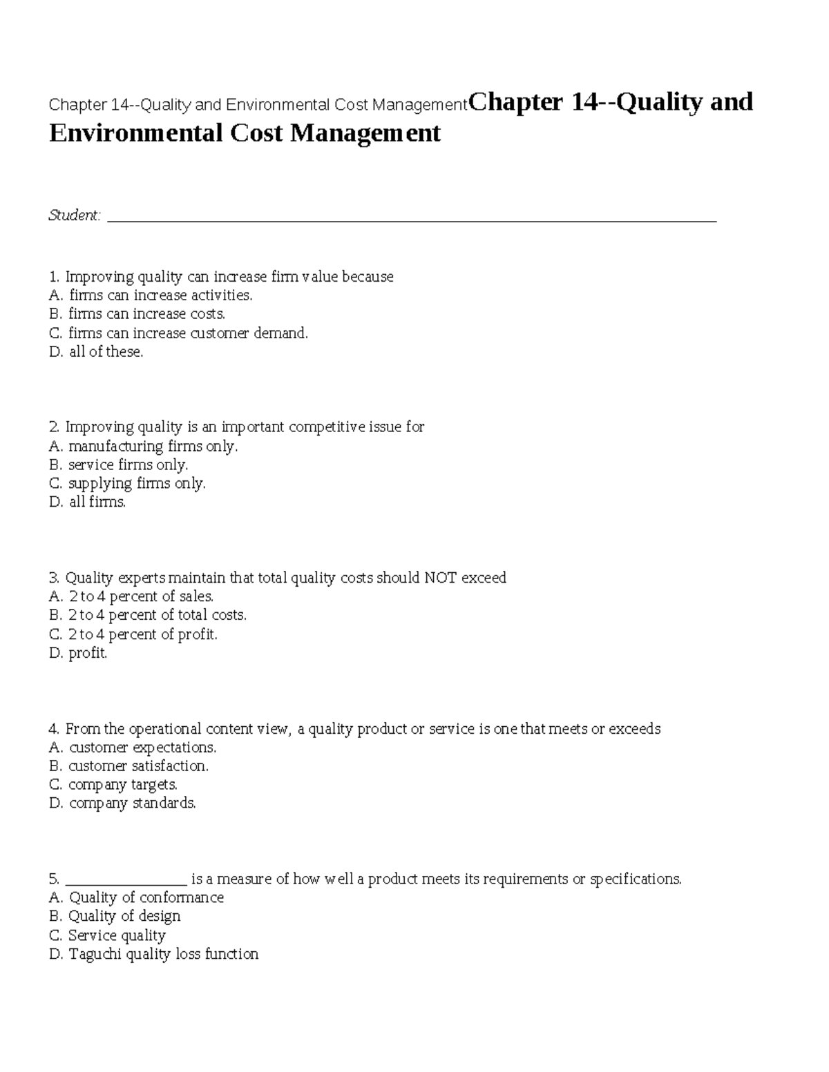 Quality and Environmental Cost Management: Key Concepts and Analysis - Studocu