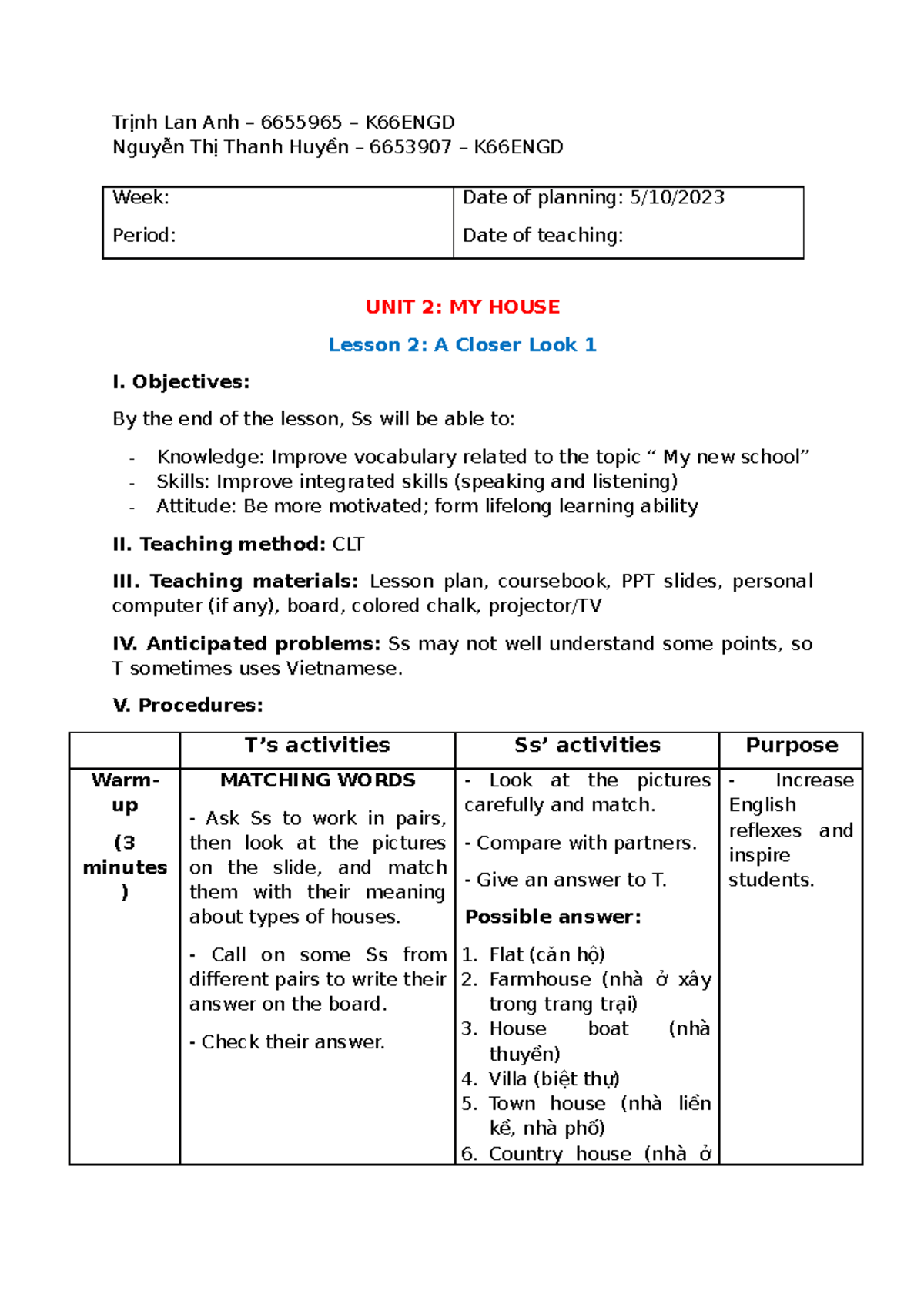 Lesson Plan for Unit 2: A Closer Look 1 - G6 [K66ENGD] - Studocu