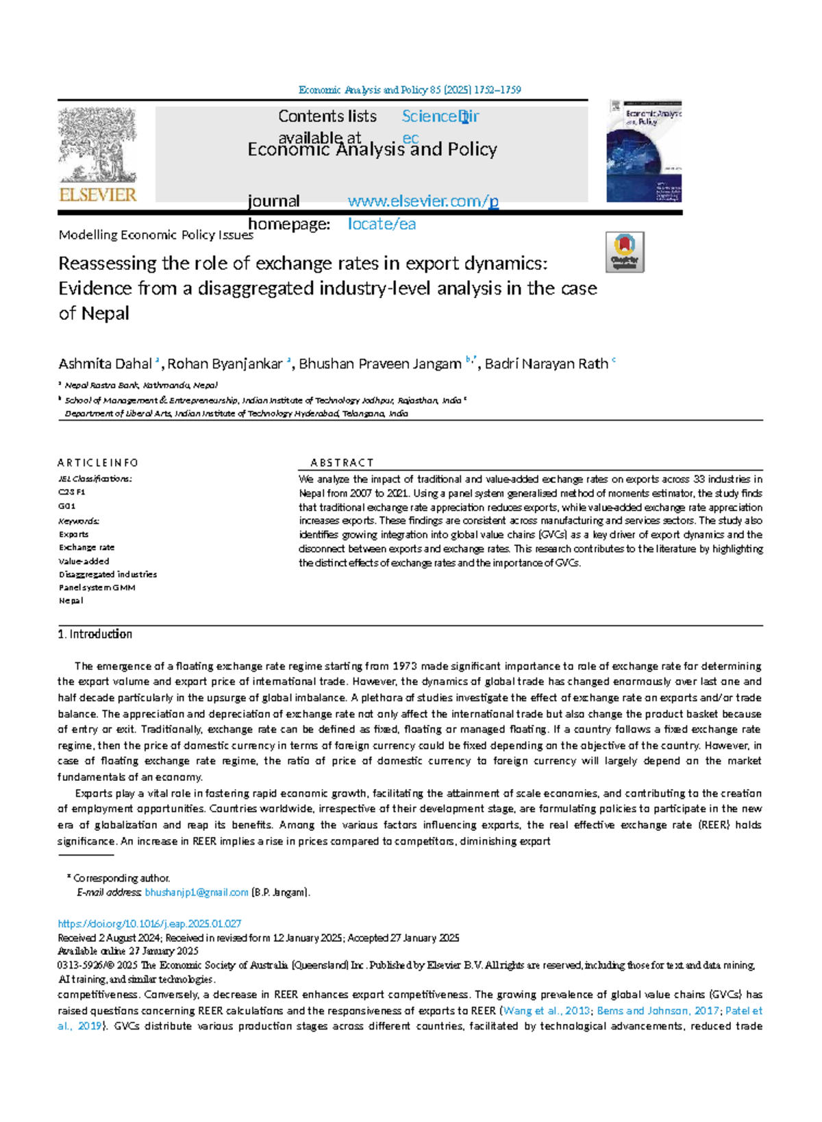 Economic Policy Analysis 85: Exchange Rates and Export Dynamics in ...