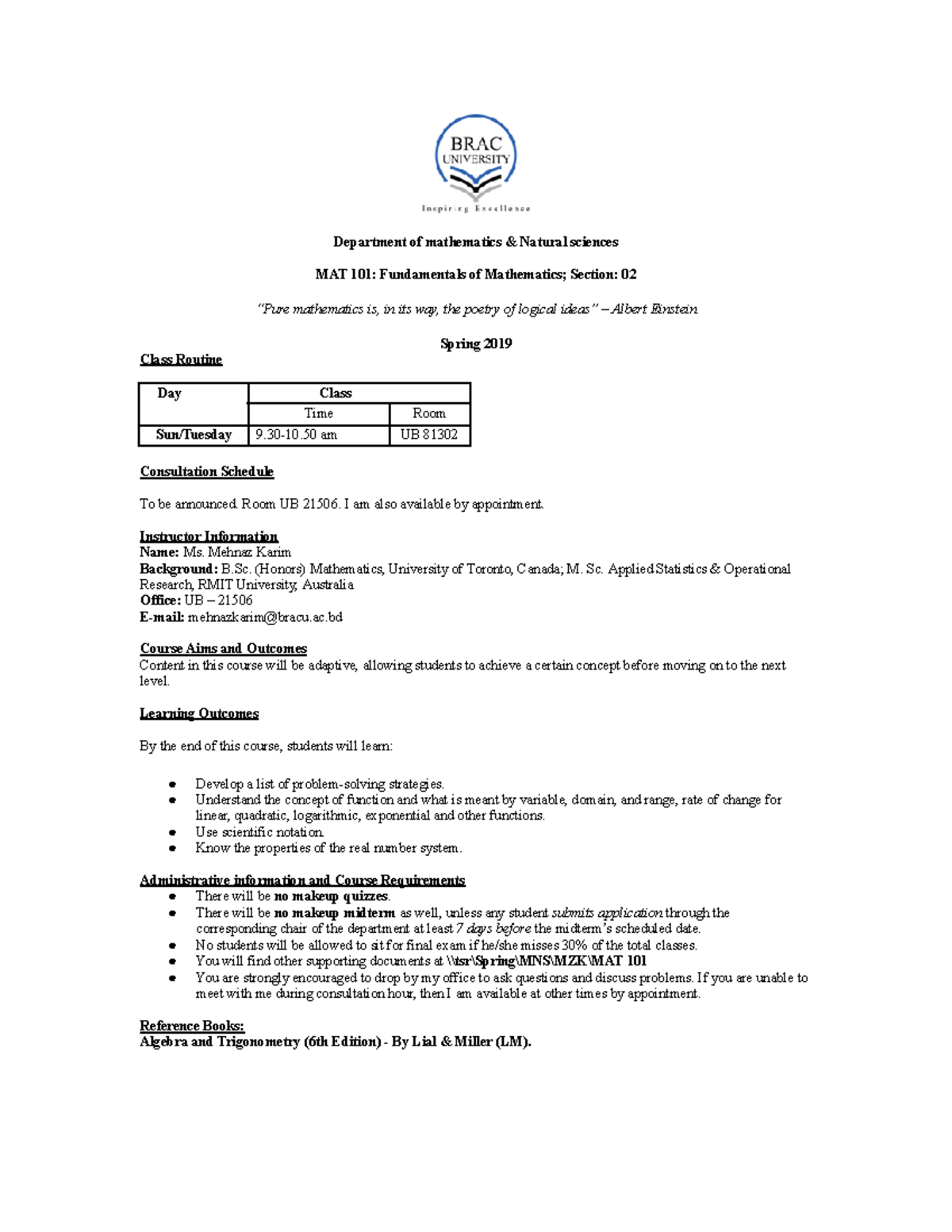 Course Outline: MAT 101 Fundamentals of Mathematics - Spring 2019 - Studocu
