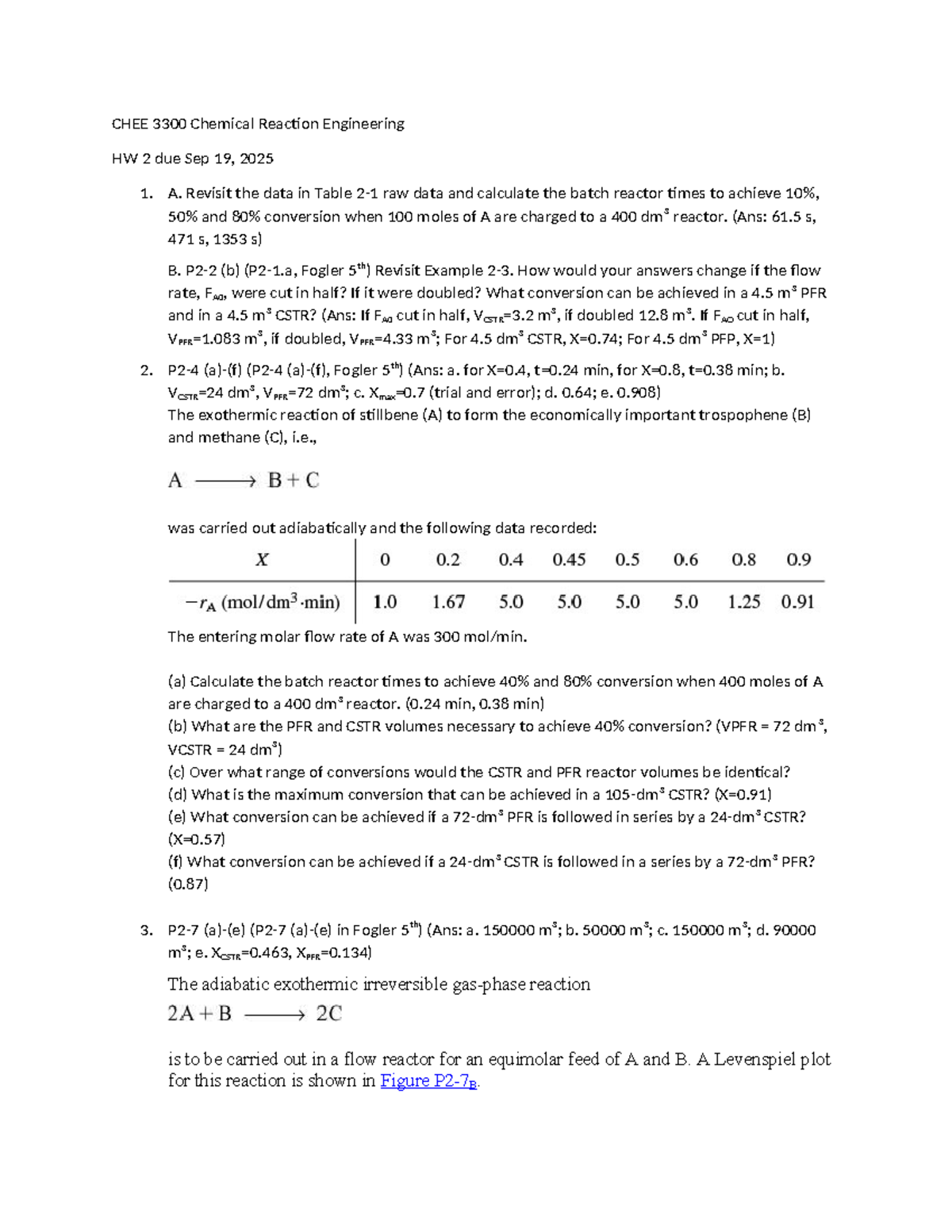 CHEE 3300 Chemical Reaction Engineering HW 2 Solutions and Analysis ...