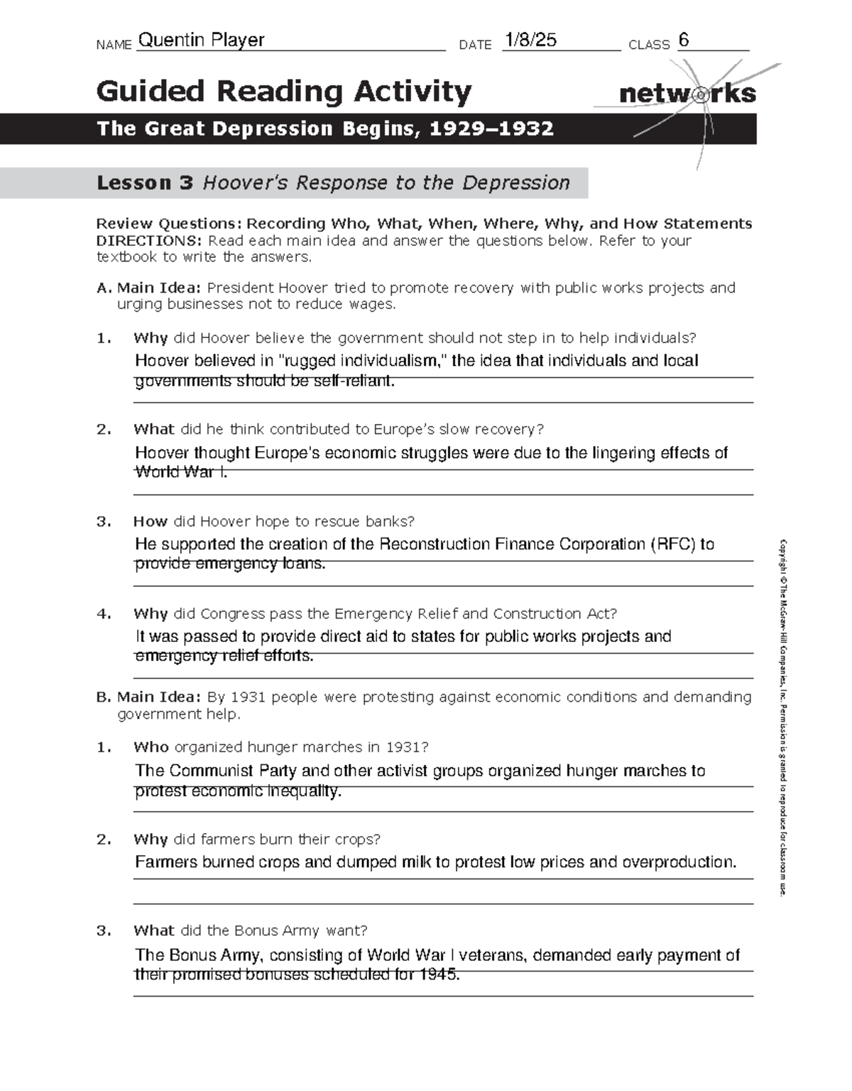 Guided Reading Activity: The Great Depression Begins (Lesson 3) - Studocu
