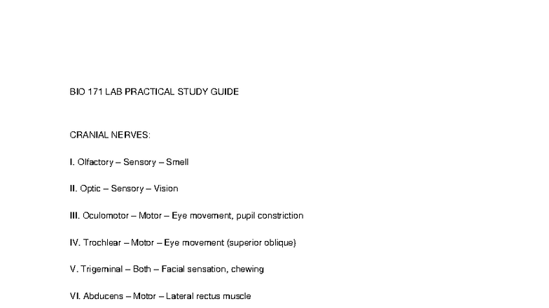BIO 171 LAB PRACTICAL STUDY GUIDE: CRANIAL NERVES OVERVIEW - Studocu