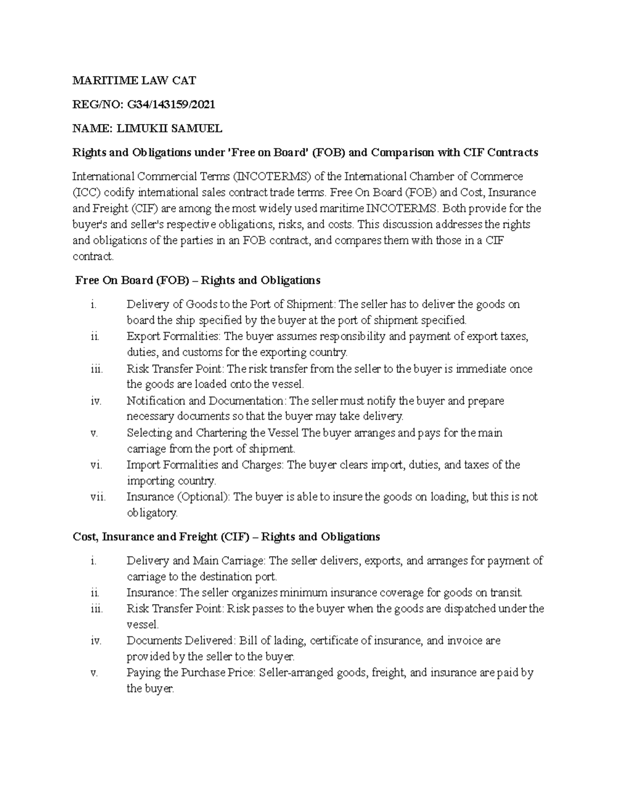 Maritime Law CAT: Rights & Obligations of FOB vs CIF Contracts - Studocu