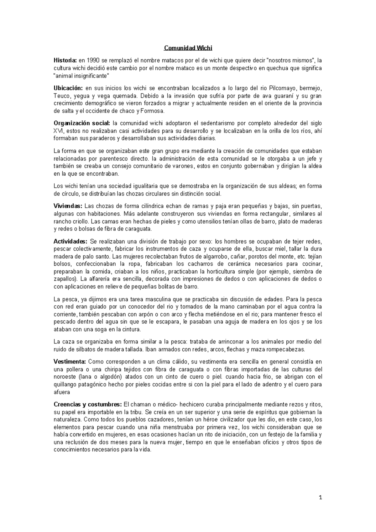 Historia y Cultura de la Comunidad Wichi: Aborígenes en 1990 - Studocu