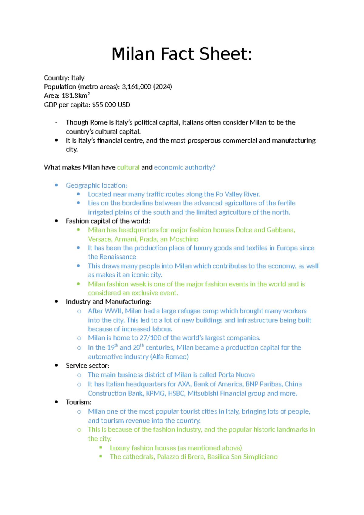 Milan Fact Sheet: Cultural & Economic Hub of Italy (2024) - Studocu