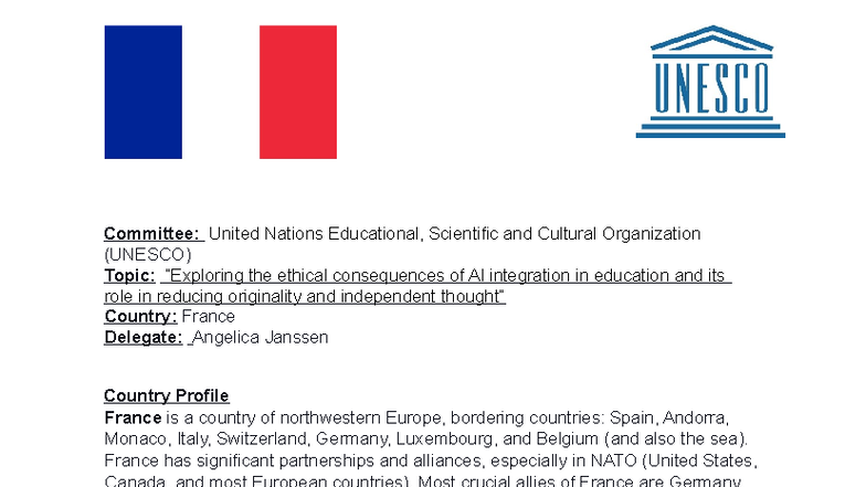 MUN Position Paper: France on AI Ethics in Education (UNESCO) - Studeersnel