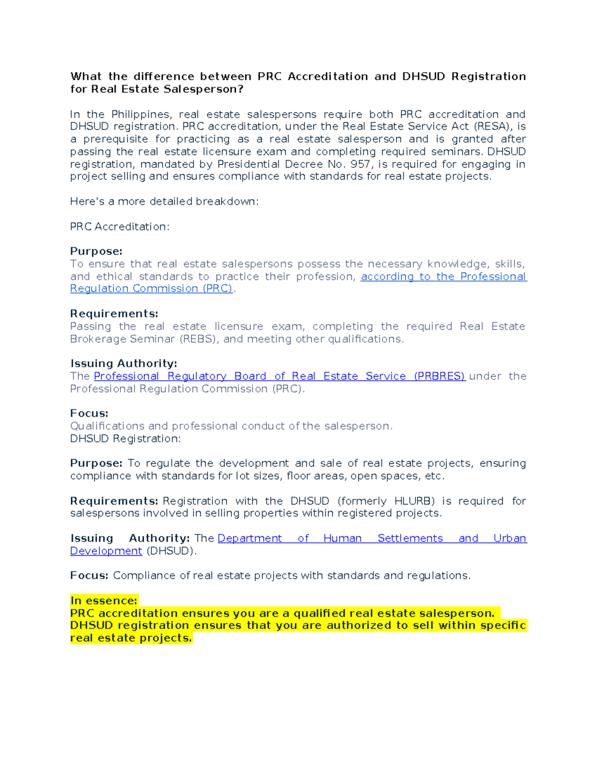 PRC Accreditation vs DHSUD Registration for Real Estate Salespersons ...