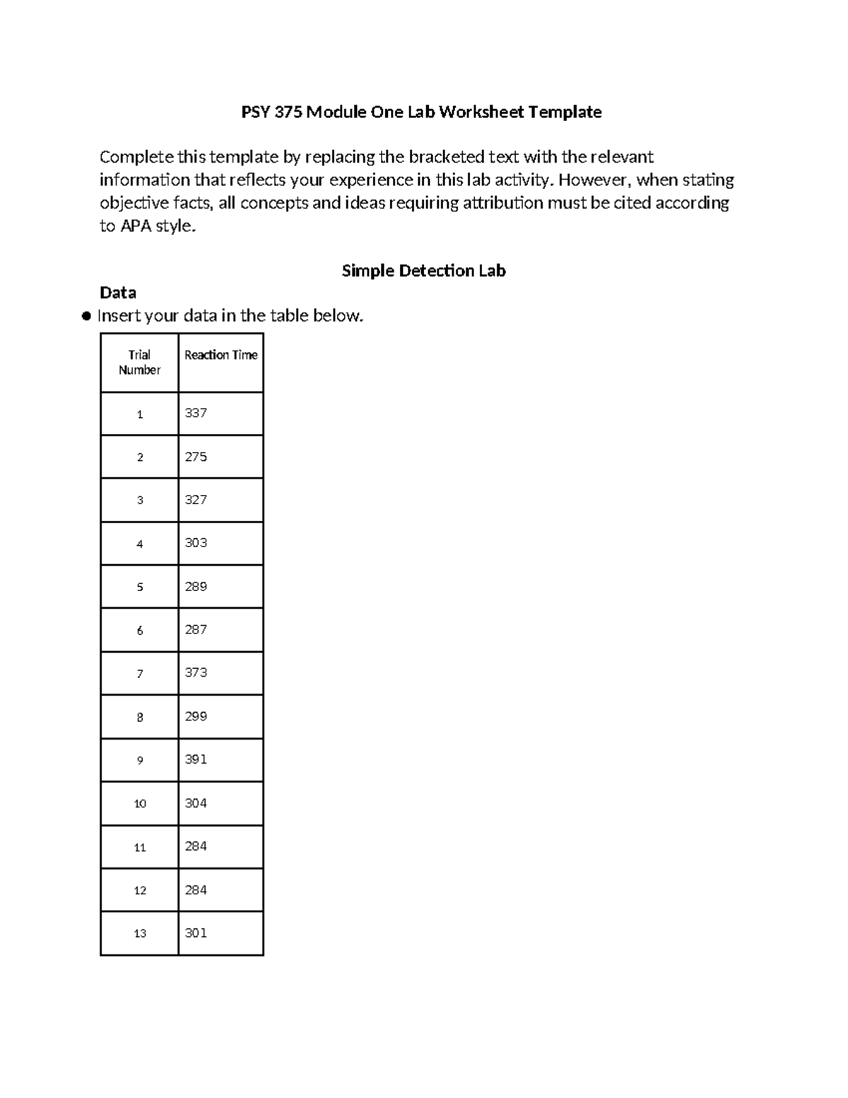 PSY 375 Simple Detection & Signal Detection Lab Report - Studocu