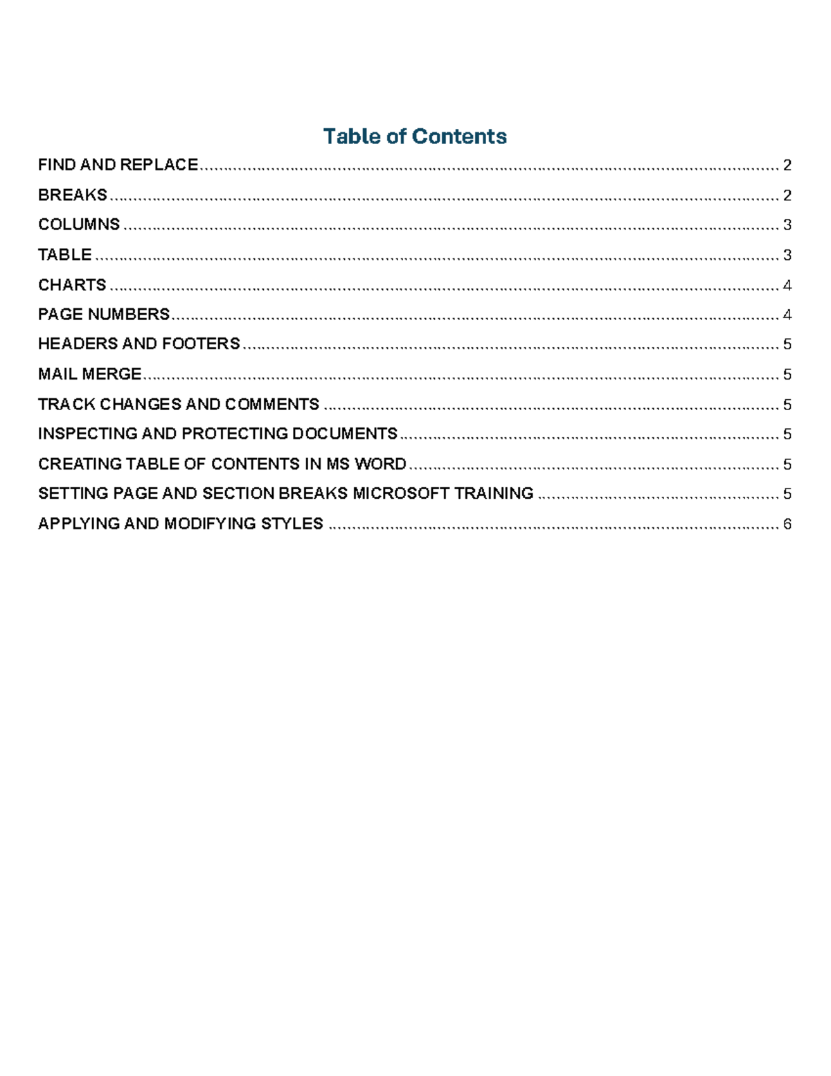 MS WORD Advance - microsoft word basics - Table of Contents FIND AND ...