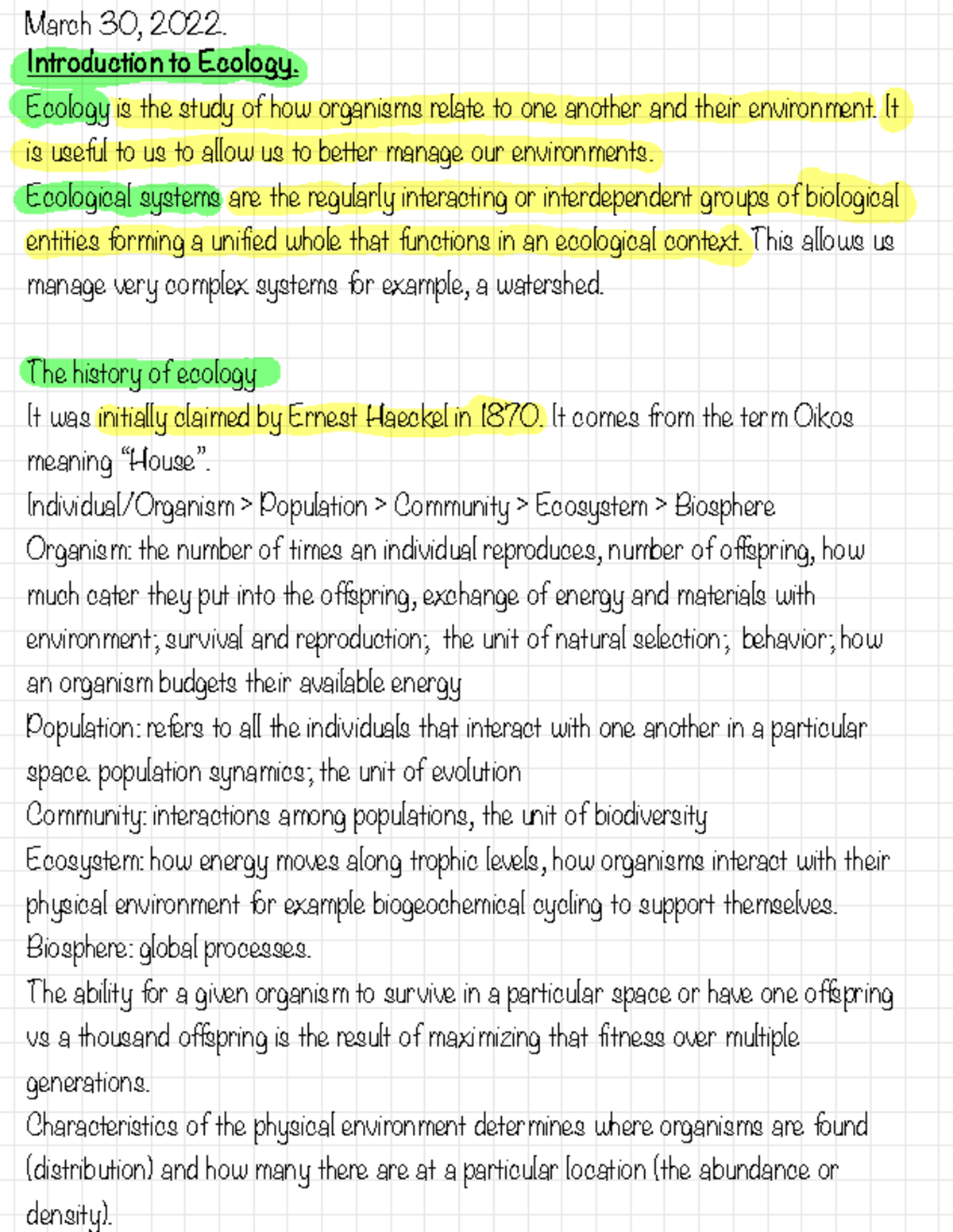 Lecture 18 Notes (Introduction to Ecology) - March 30, 2022 ...