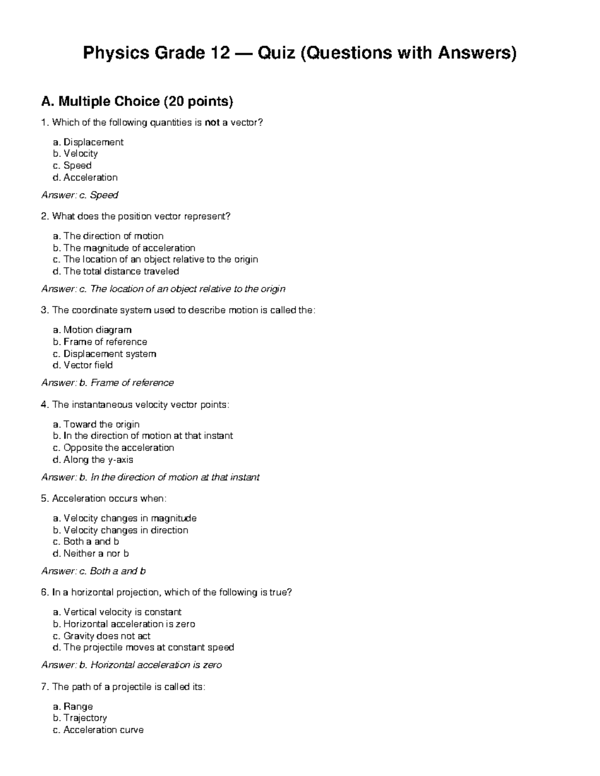 Physics Grade 12 Quiz: Questions & Answers with Choices - Studocu
