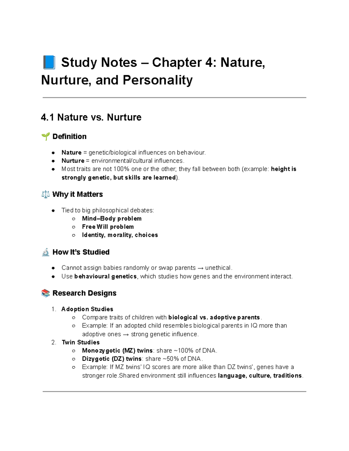 📘 Study Notes – Chapter 4: Nature vs. Nurture in Personality - Studocu