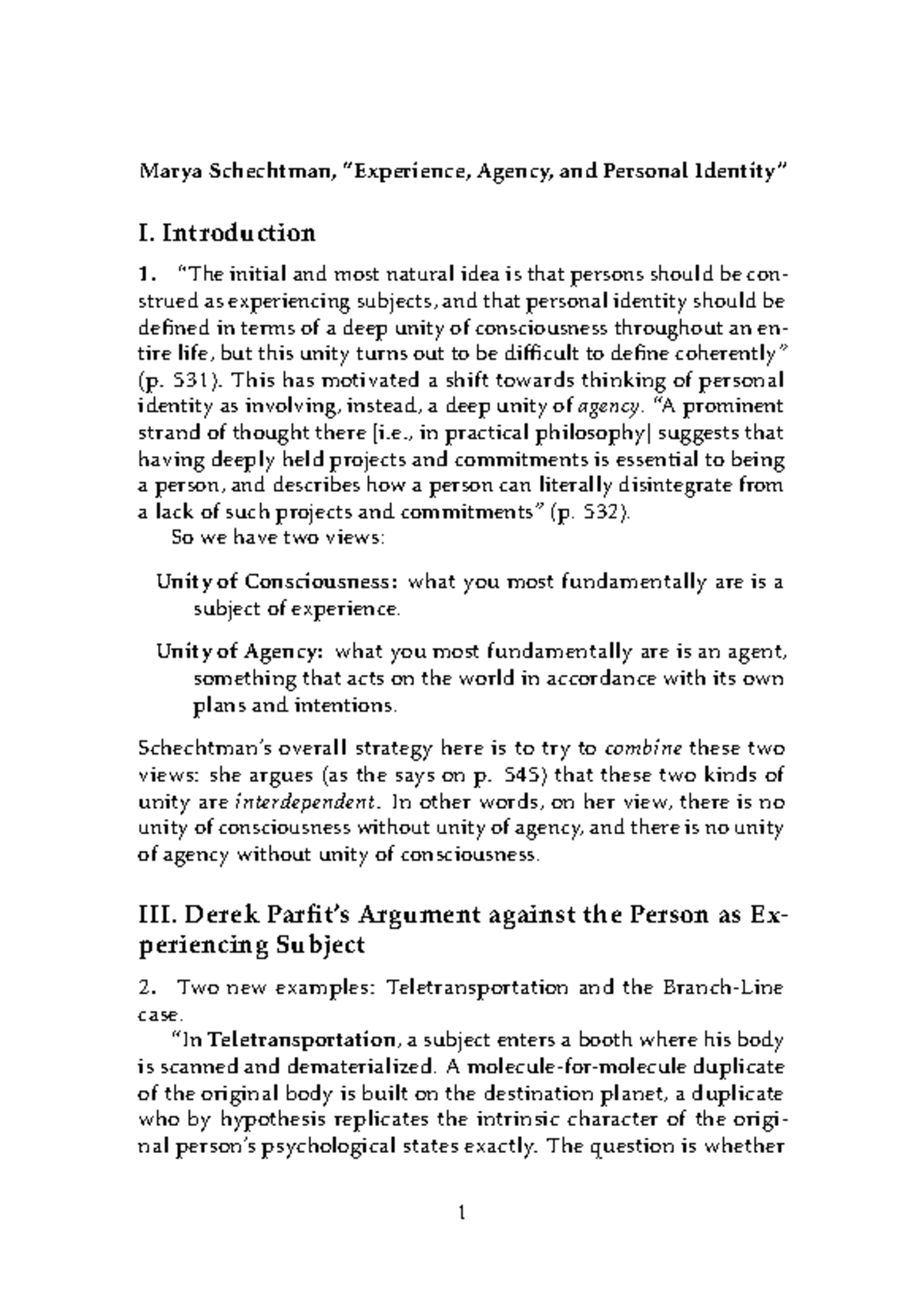 Reading Notes: Schechtman on Experience, Agency, and Identity - Studocu