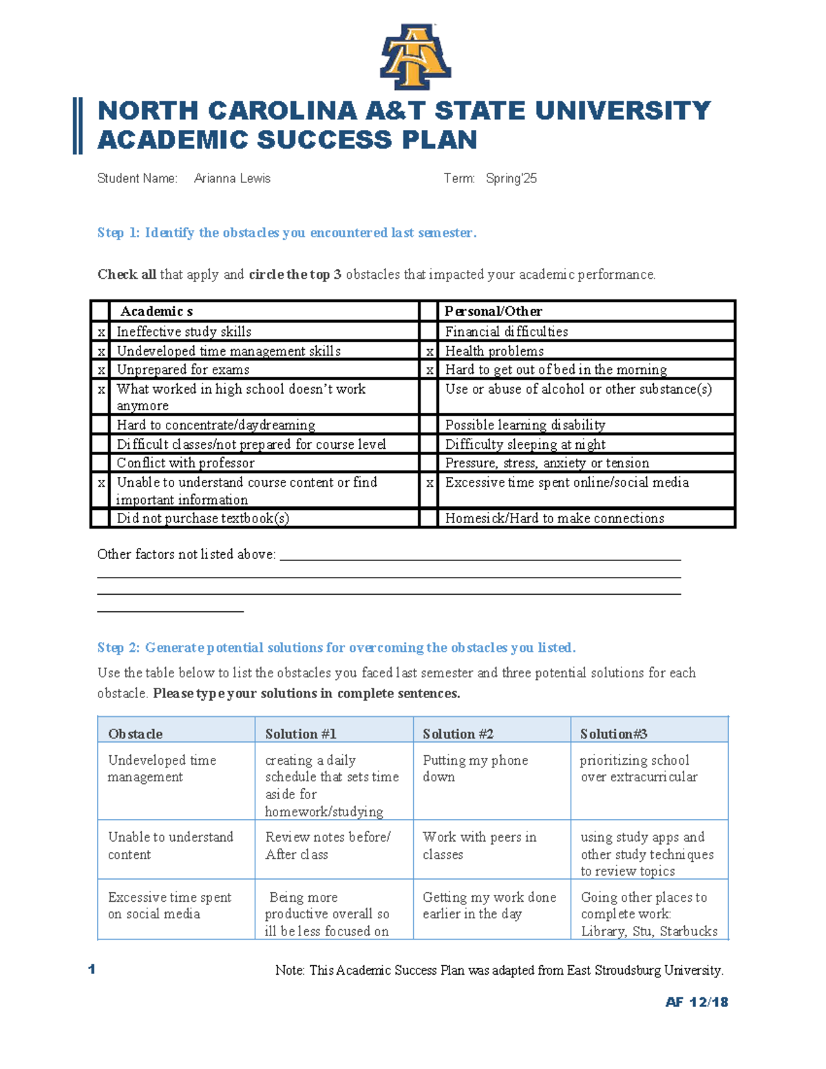 NCSU Academic Success Plan: Overcoming Obstacles & Solutions - Studocu