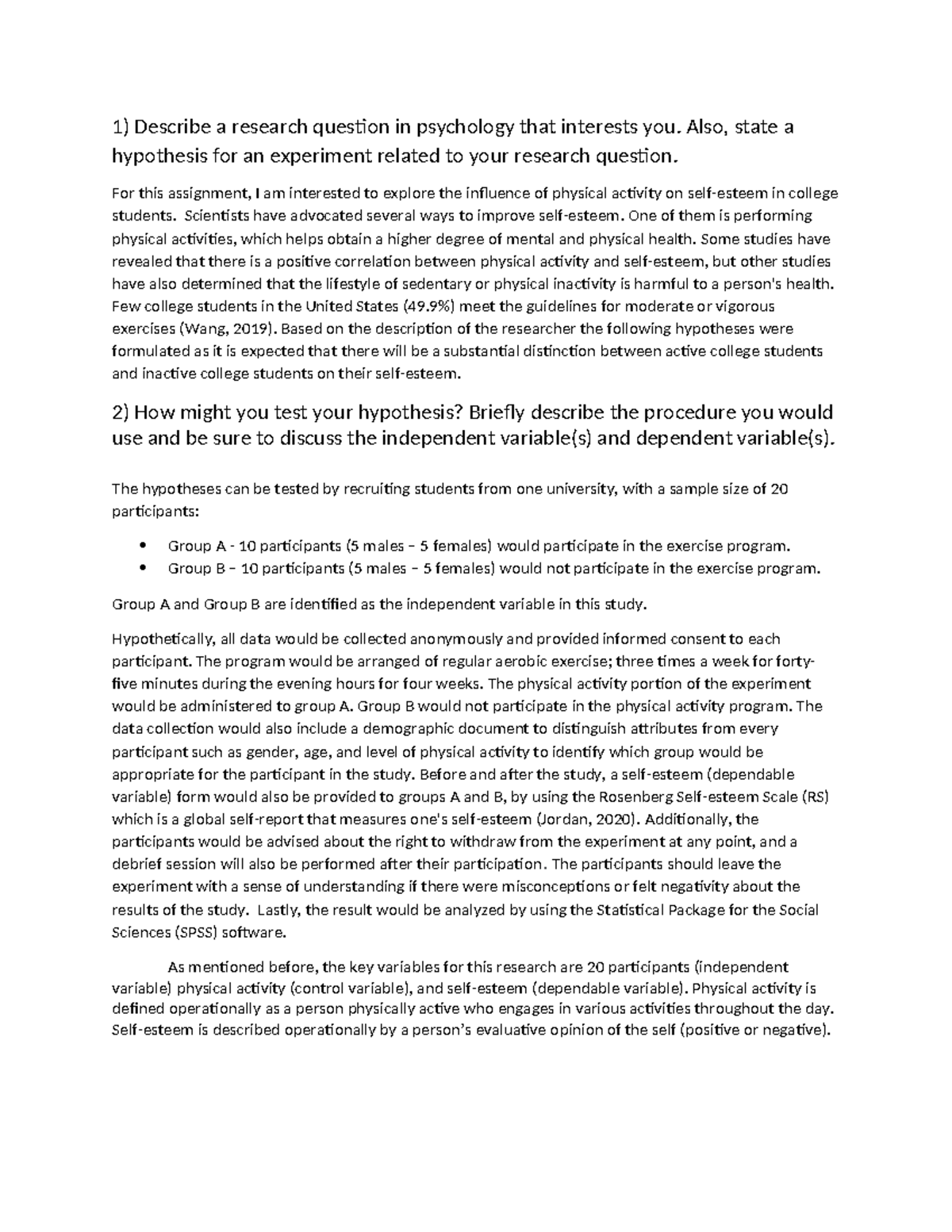 SPY 510: SPSS Assignment 1 - Physical Activity & Self-Esteem Study ...