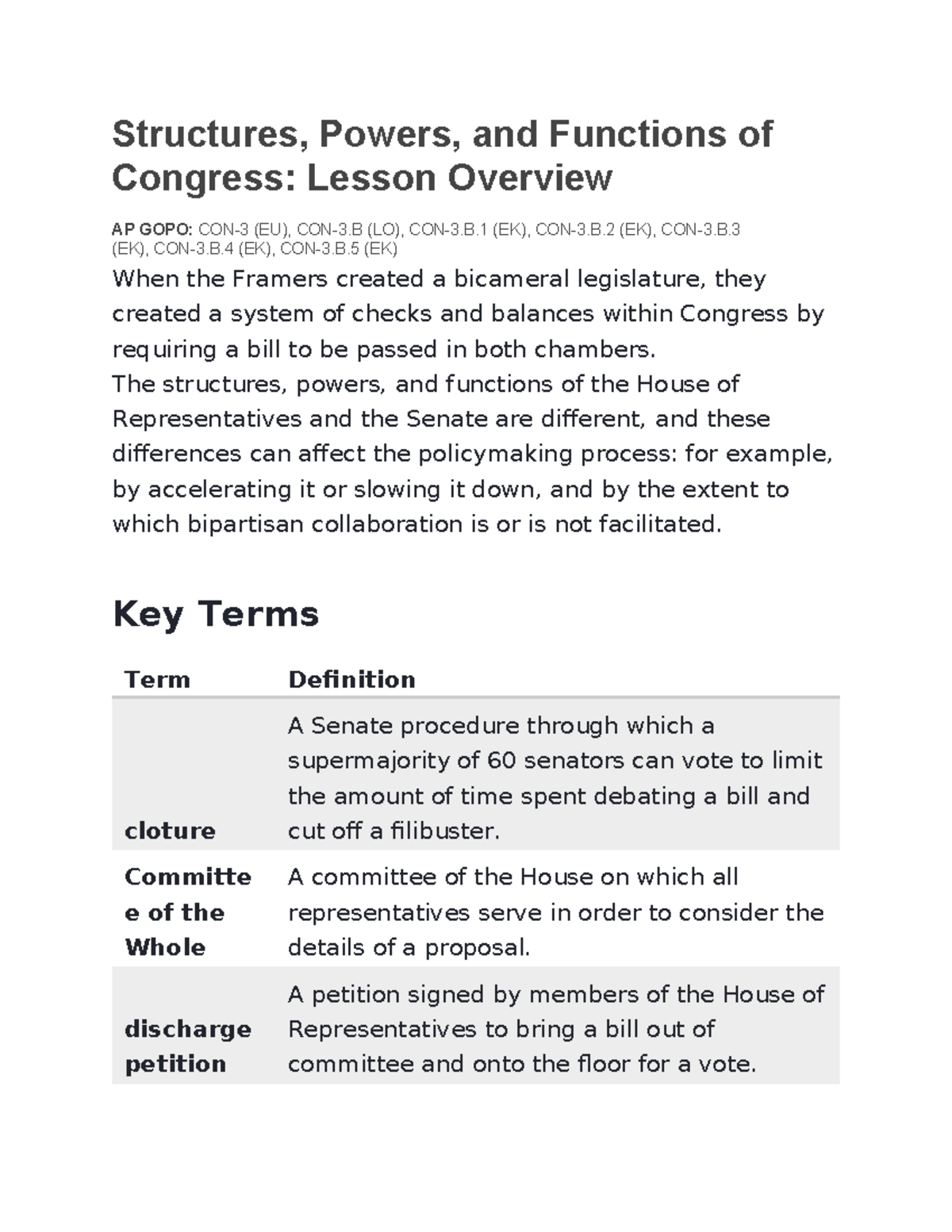 Structures, Powers, and Functions of Congress: AP GOPO Lesson Overview ...