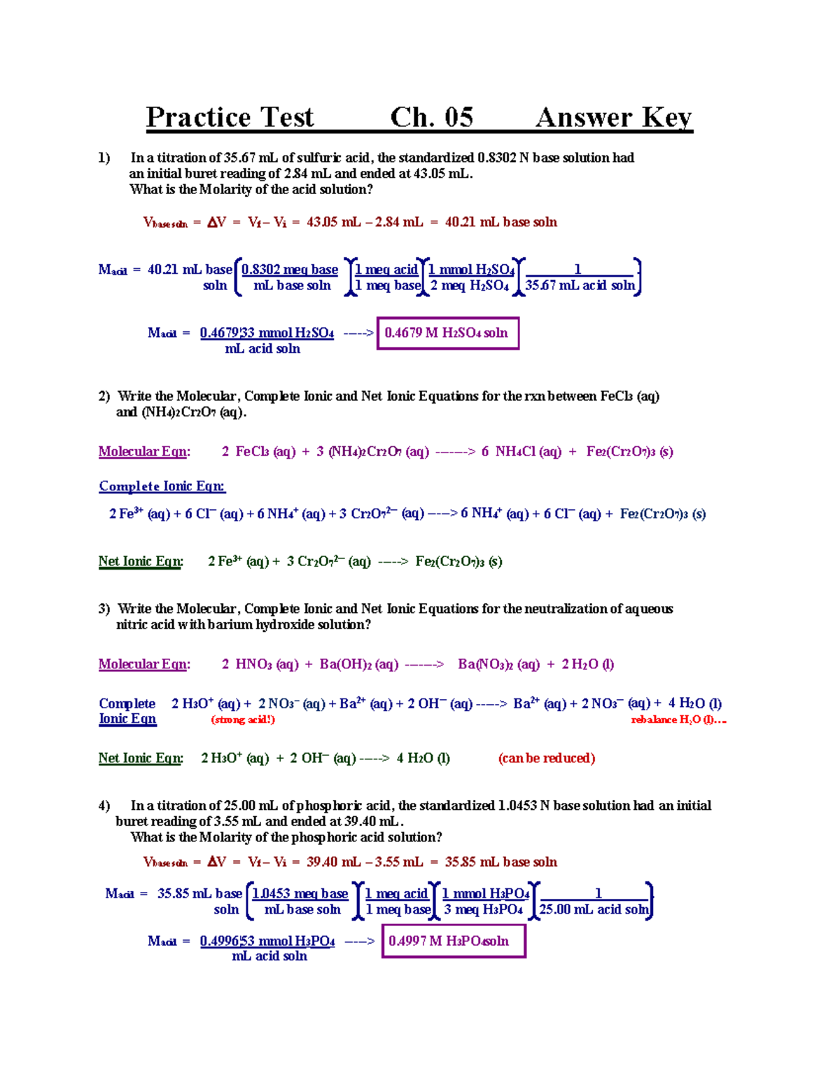 Practice Test: Ch. 05 - Chemical Reactions & Titration Calculations ...
