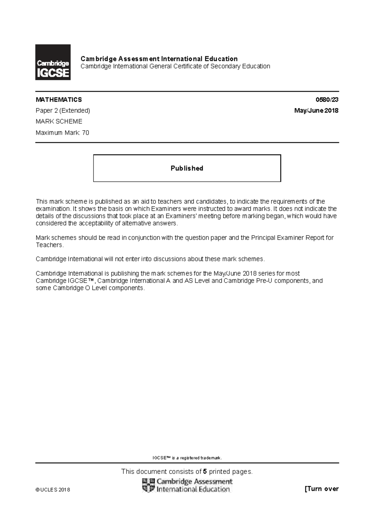 Cambridge IGCSE 0580 Mathematics Paper 2 (Extended) 2018 Mark Scheme ...
