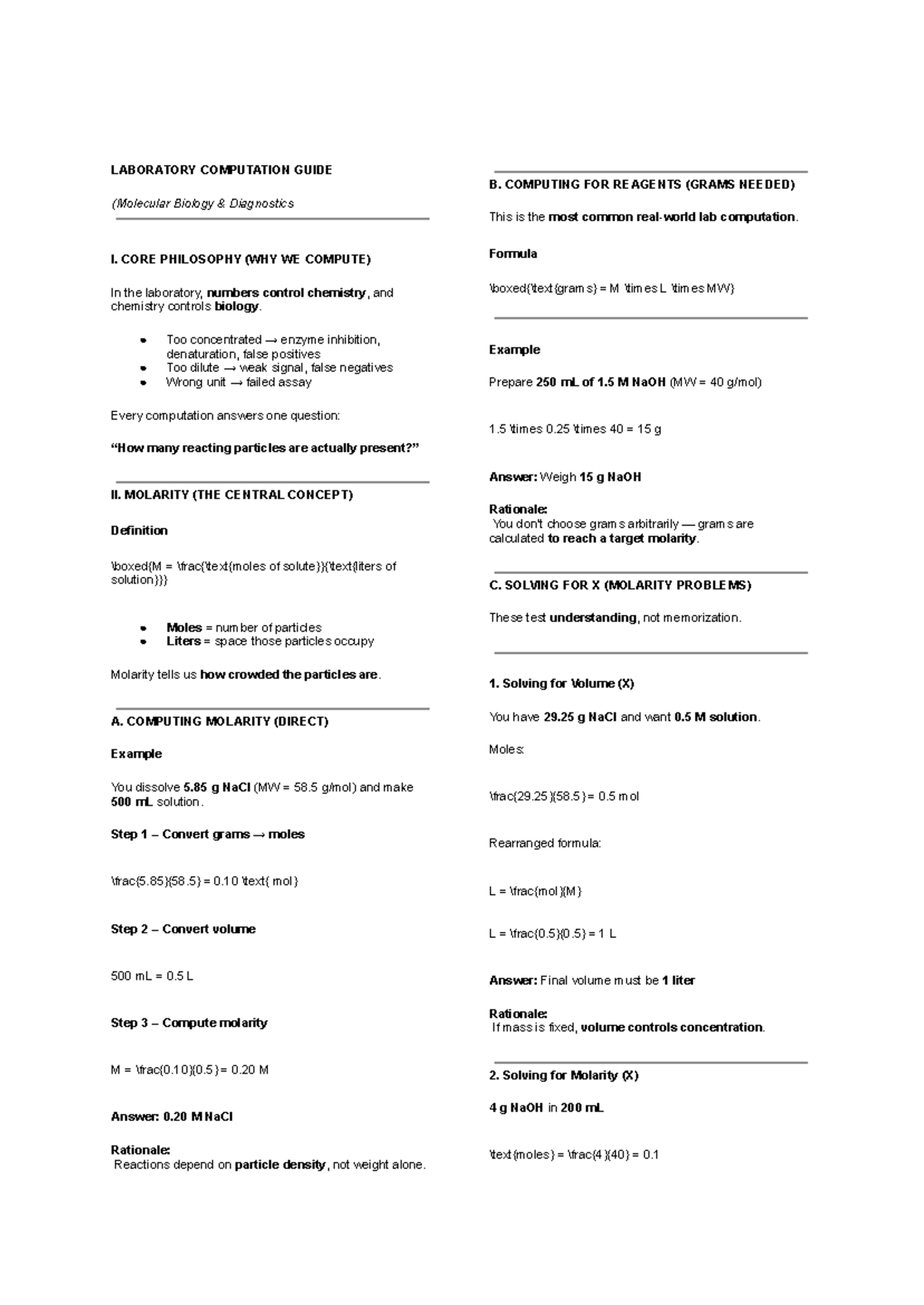 Laboratory Computation Guide: Molarity & Dilutions in Molecular Biology ...