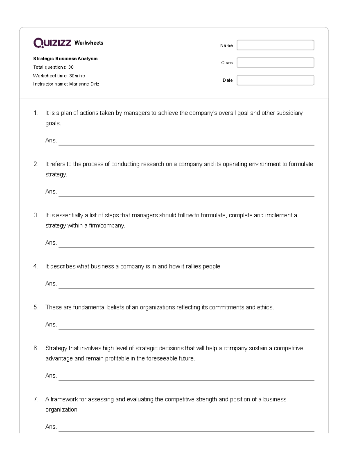Strategic Business Analysis Quizizz: Key Concepts and Worksheets - Studocu
