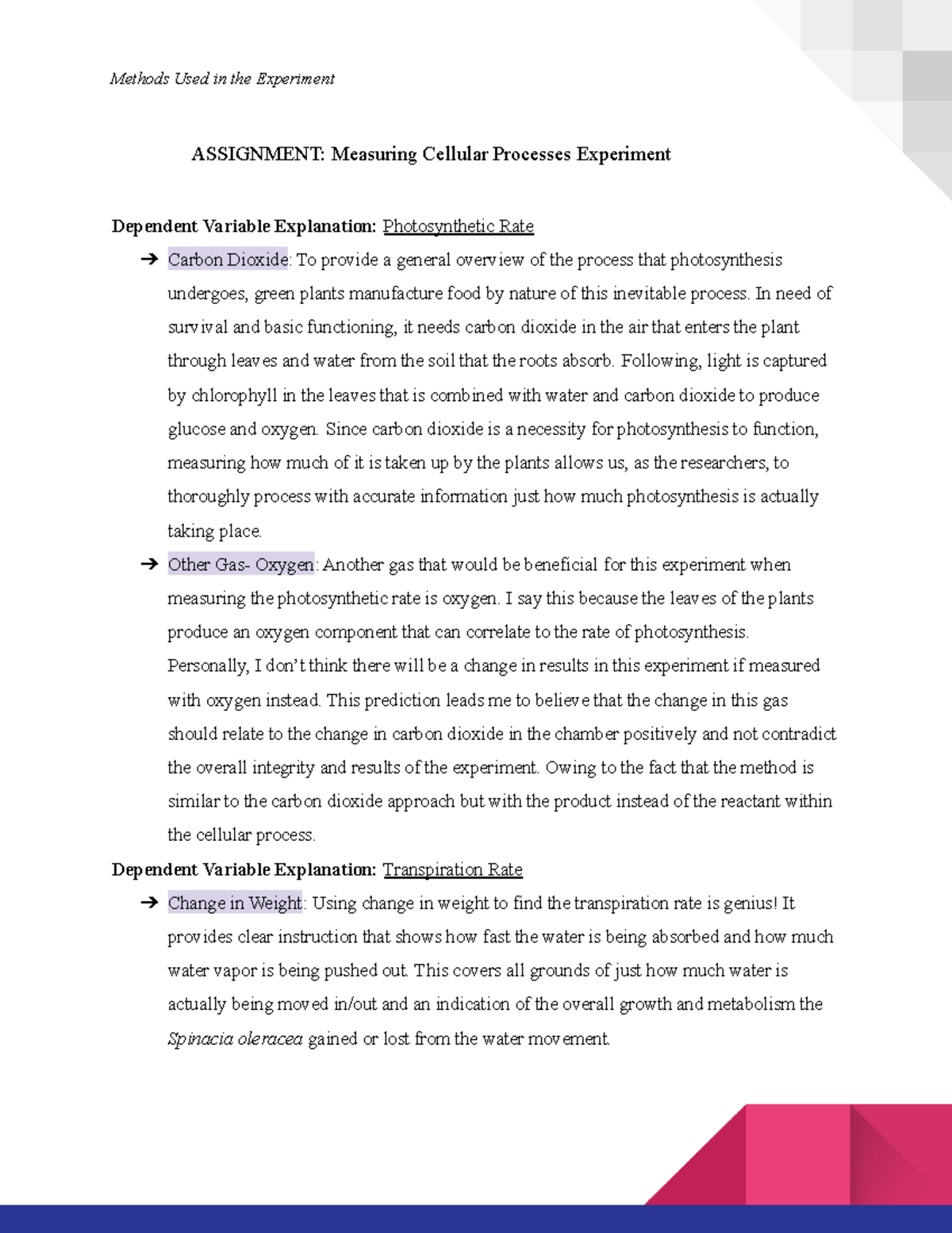 Assignment Measuring Cellular Processes Experiment-2 - Methods Used in ...