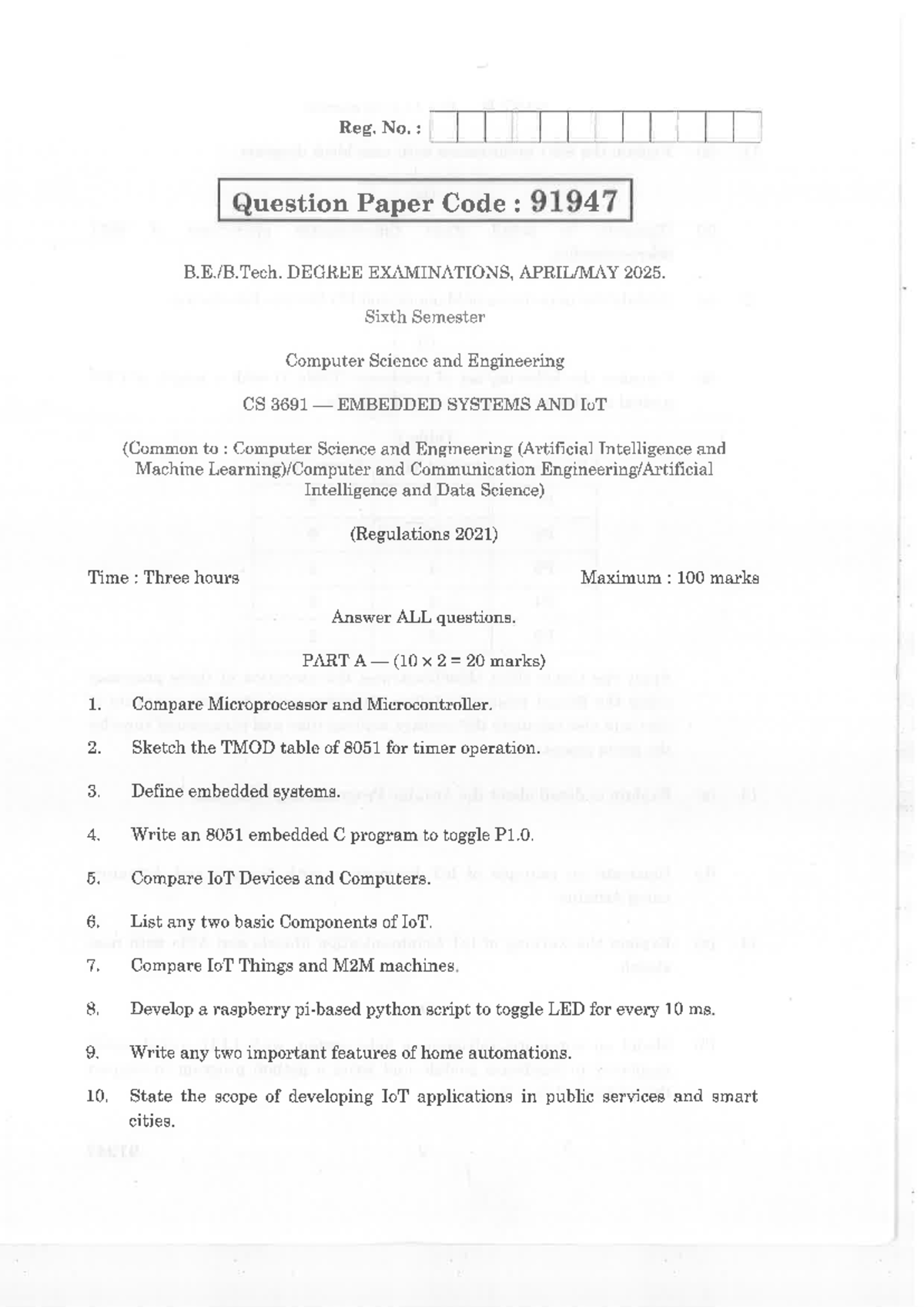 CSE-AM-2025-CS 3691 Final Exam Question Paper: Embedded Systems & IoT ...