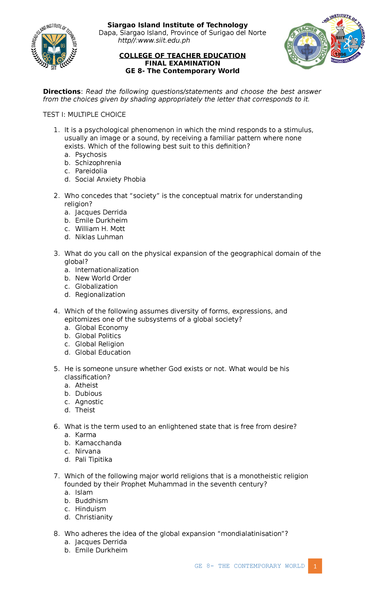 TCW GE 8 Final Exam Study Guide - The Contemporary World - Studocu