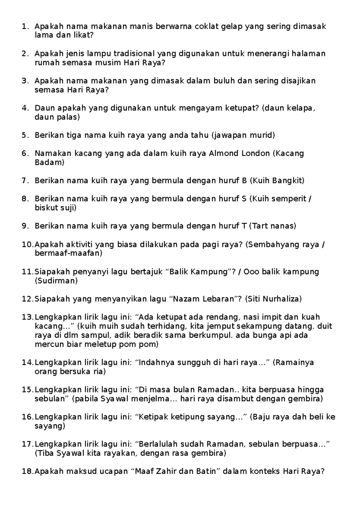 Kuiz Raya 2025: Soalan dan Jawapan Tradisi Hari Raya - Studocu