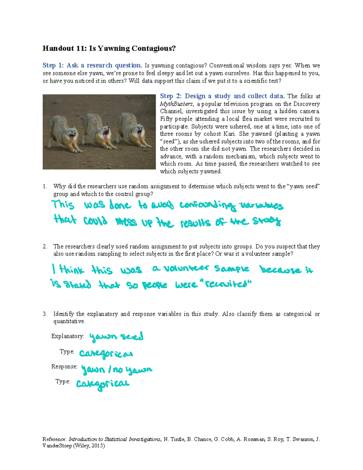 HO 11 - Is Yawning Contagious - Reference: Introduction to Statistical ...
