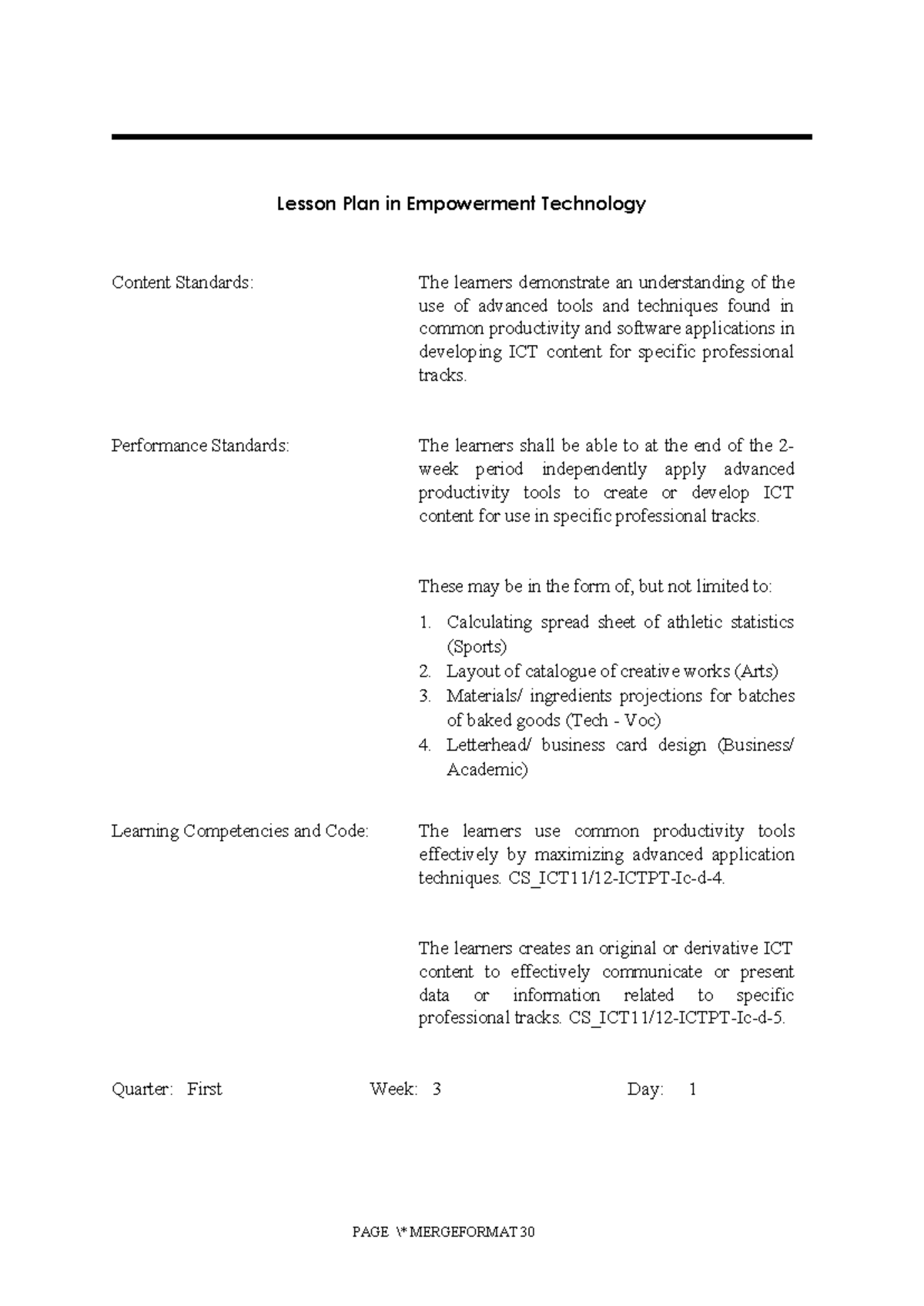 Lesson PLAN ETECH - Lesson Plan in Empowerment Technology Content Standards: The learners - Studocu