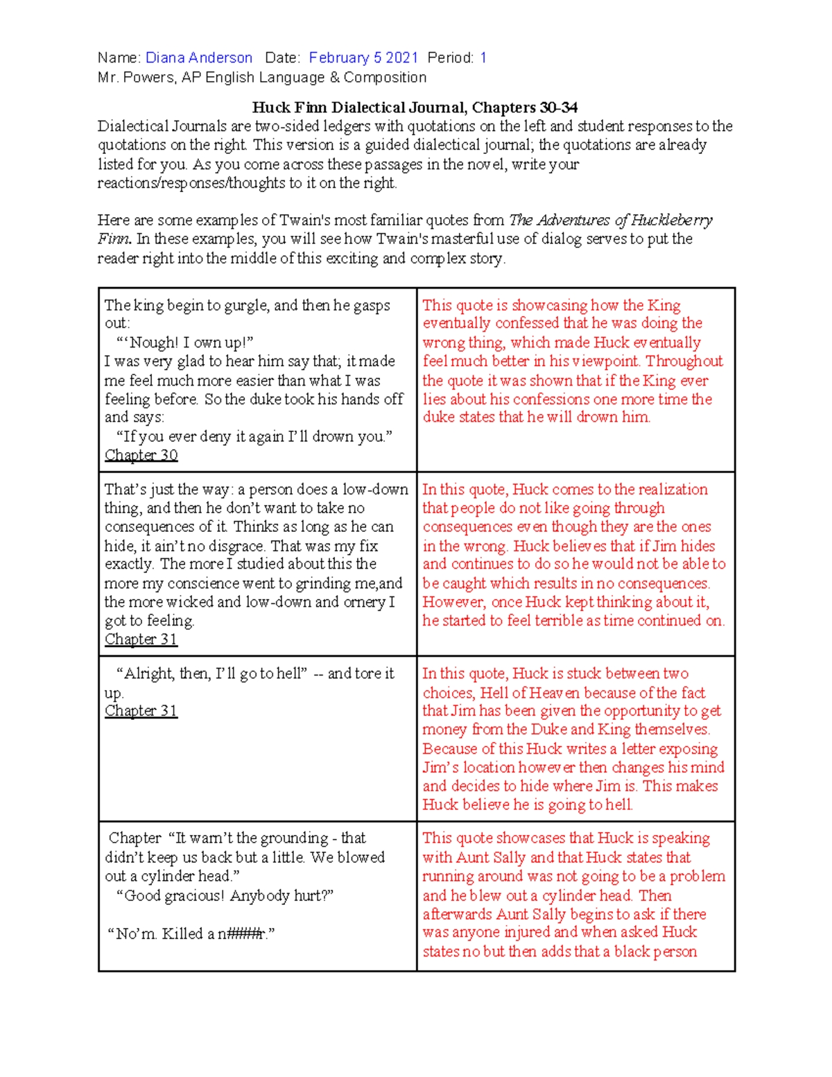 Huck Finn Dialectical Journal Analysis: Chapters 30-34 Insights - Studocu
