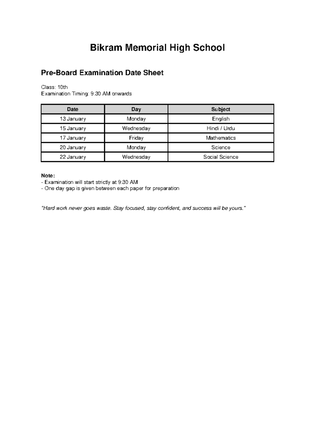 Class 10 Preboard Date Sheet Bikram Memorial High School Final ...