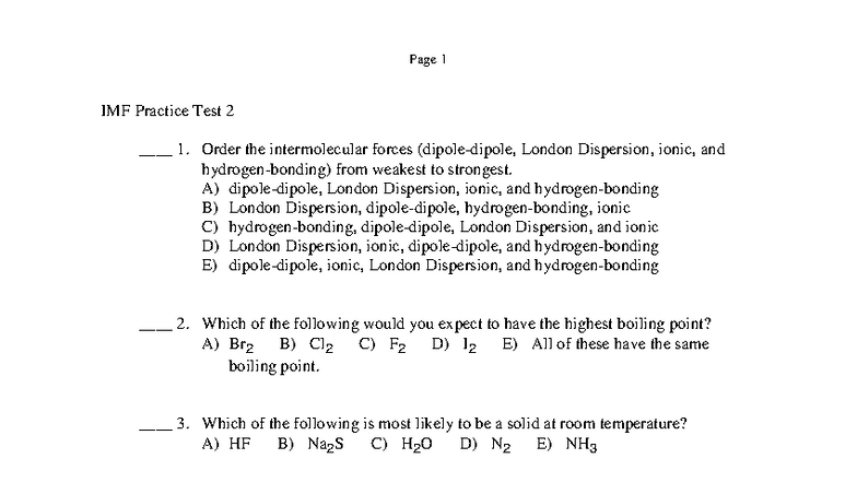 IMF Practice Questions - Test 2 for Chemistry 101 - Studocu