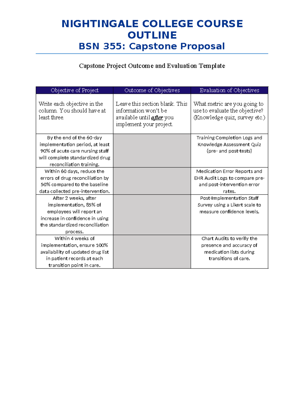 BSN 355 Capstone Project: Outcome & Evaluation Template - Studocu