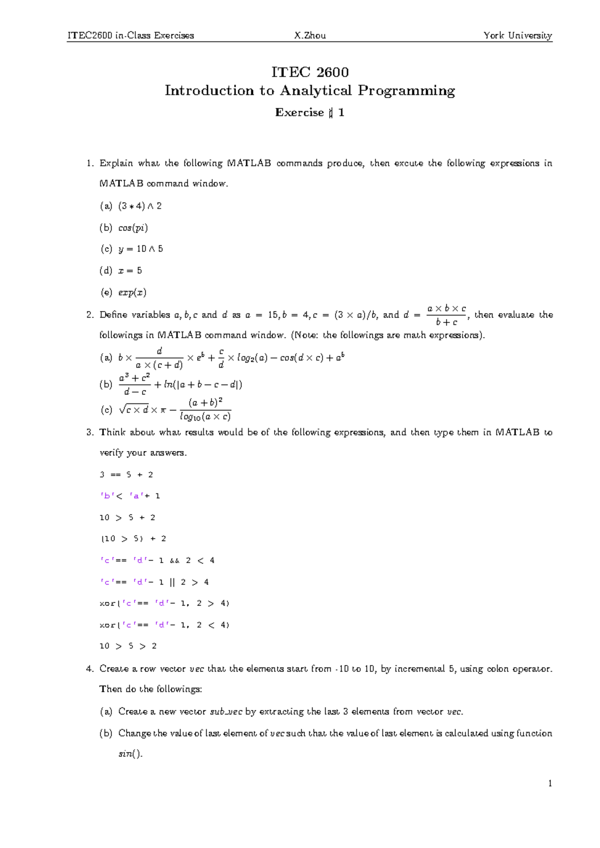 ITEC2600 Exercises: Comprehensive MATLAB Programming Tasks and Solutions - Studocu