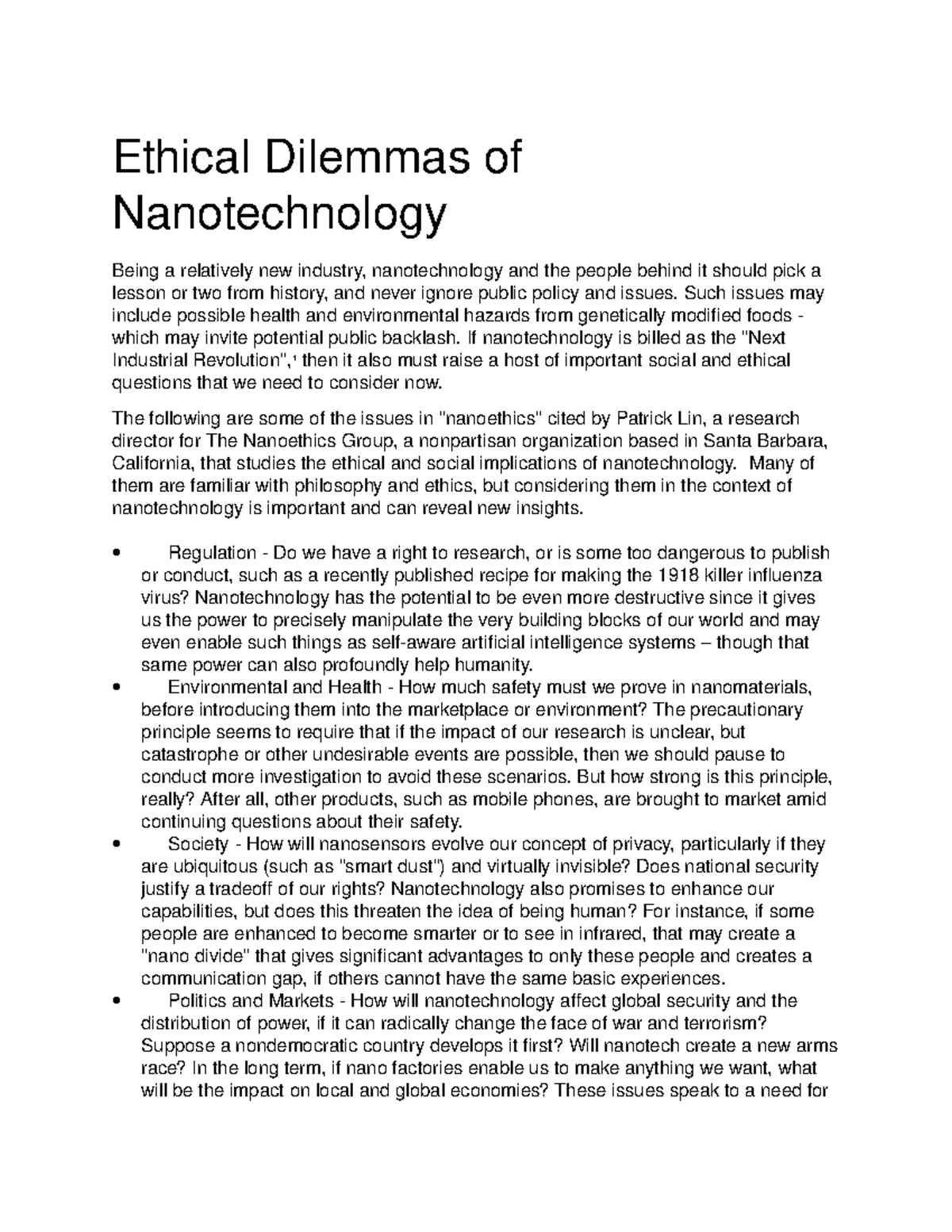 Ethical Dilemmas in Nanotechnology: Insights and Implications - Studocu