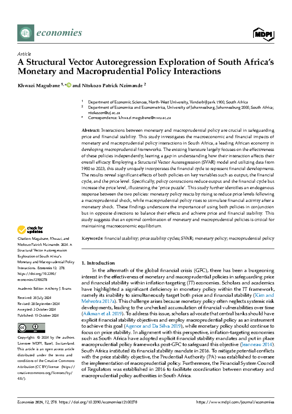 A Structural Vector Autoregression Analysis of South Africa's Monetary ...