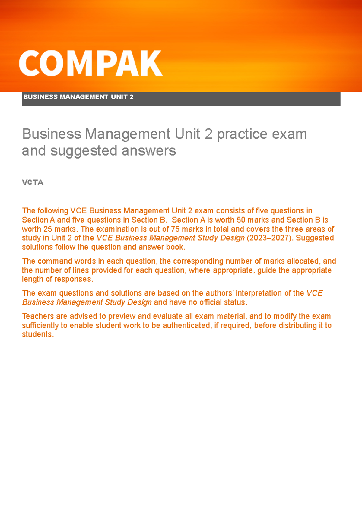 VCE Business Management Unit 2 Practice Exam & Answers (2023) - Studocu