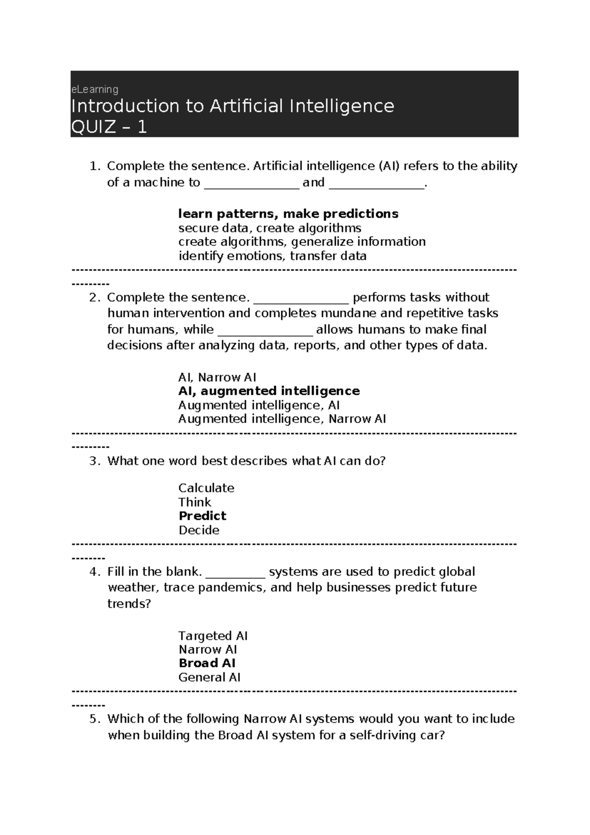 Artificial Intelligence E- Learning Answer Sheet - eLearning Introduction to Artificial ...