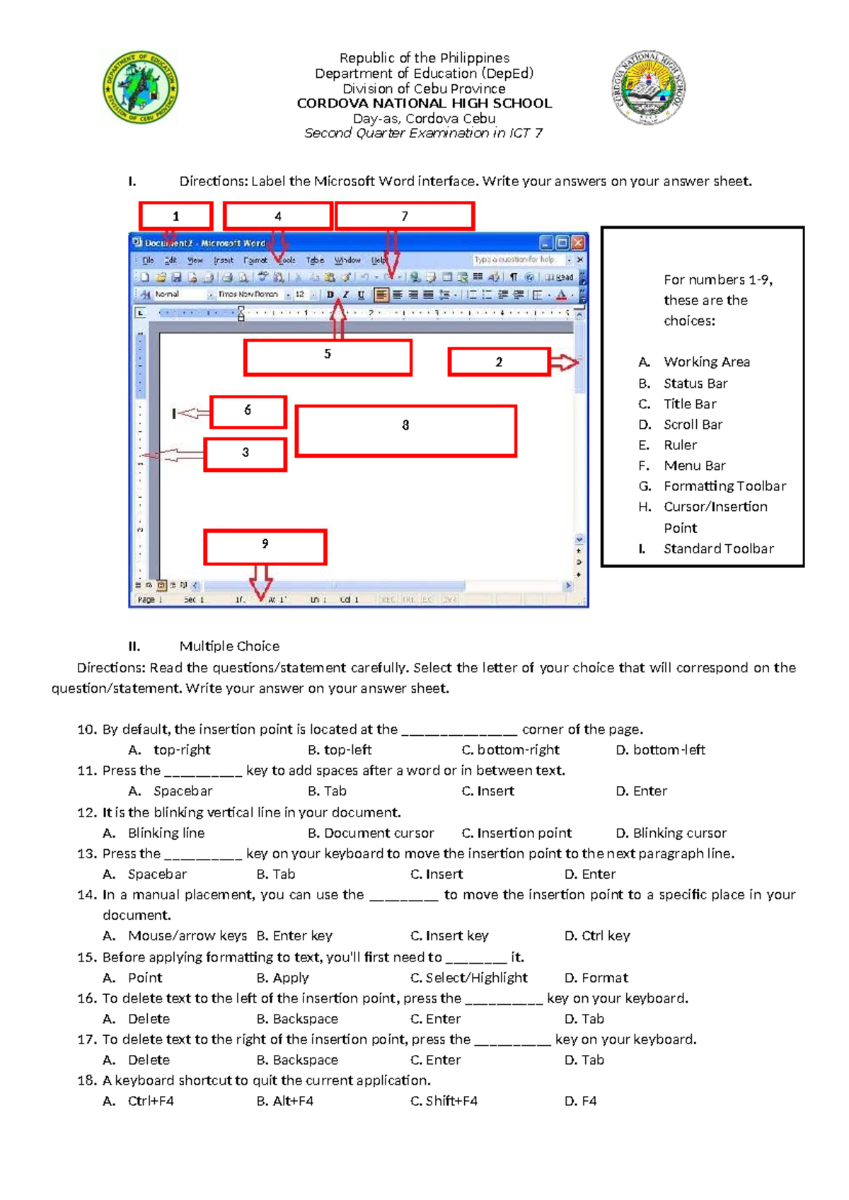 ICT 7 Second Quarter Exam: Microsoft Word Interface & Shortcuts - Studocu