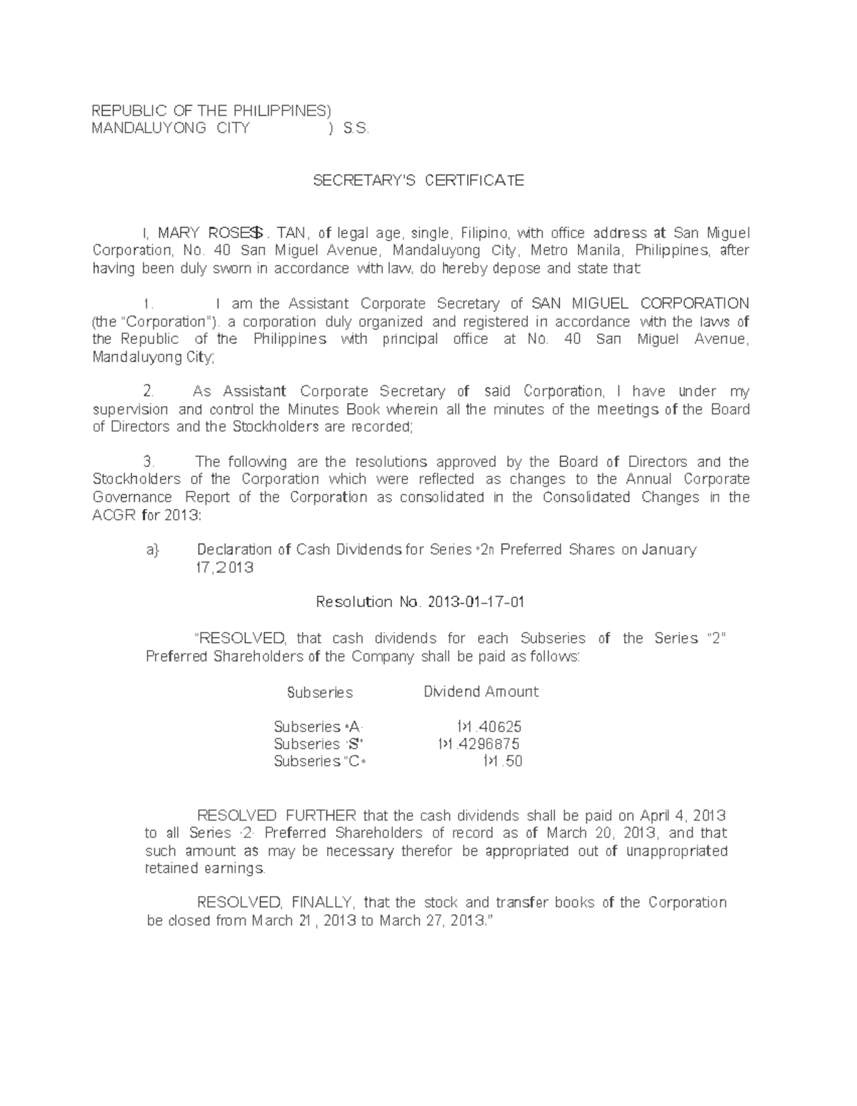 Sample Form Resolution on Declaration of Dividends for 2013 - Studocu