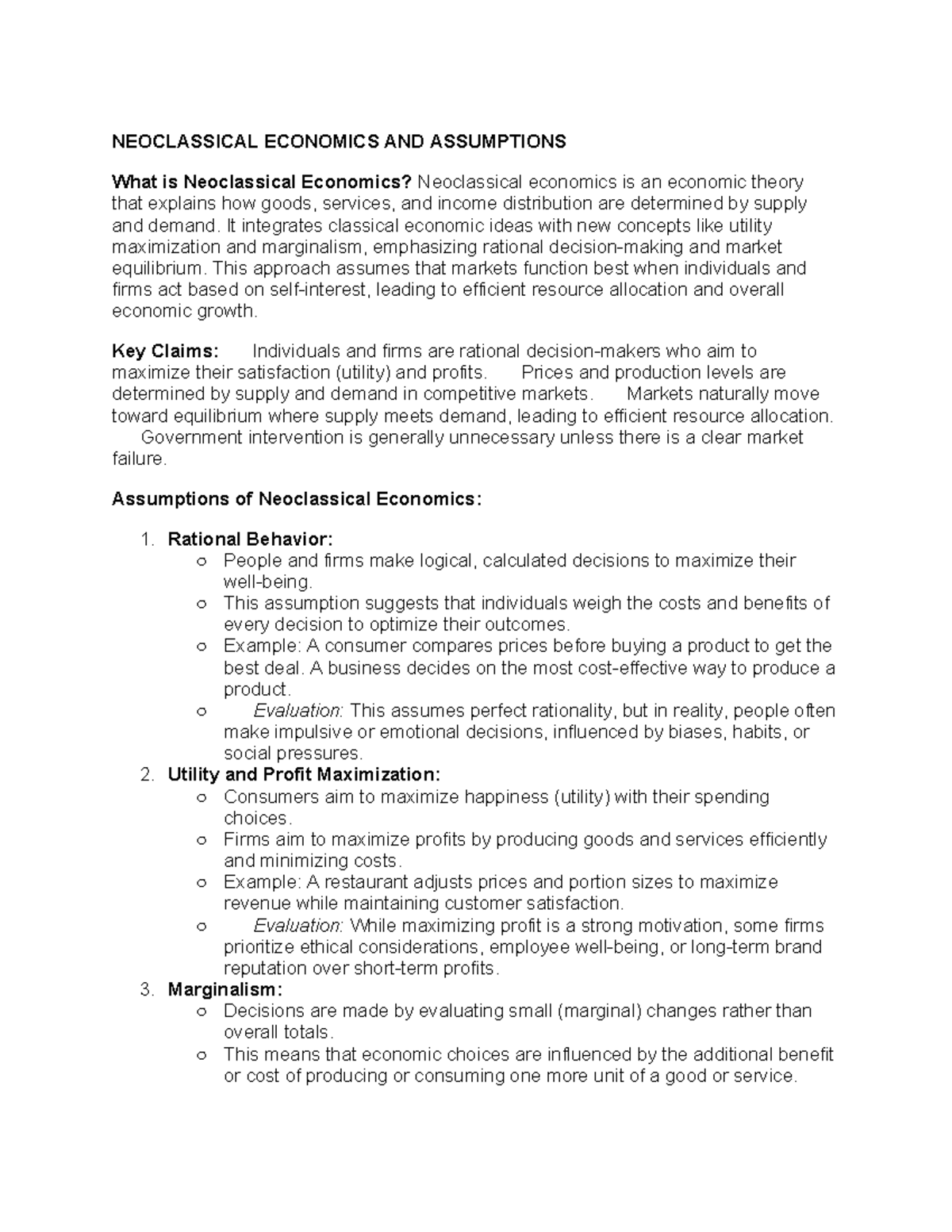 (Week #5) Unit 5 - Assigned Reading Notes.docx - NEOCLASSICAL ECONOMICS ...