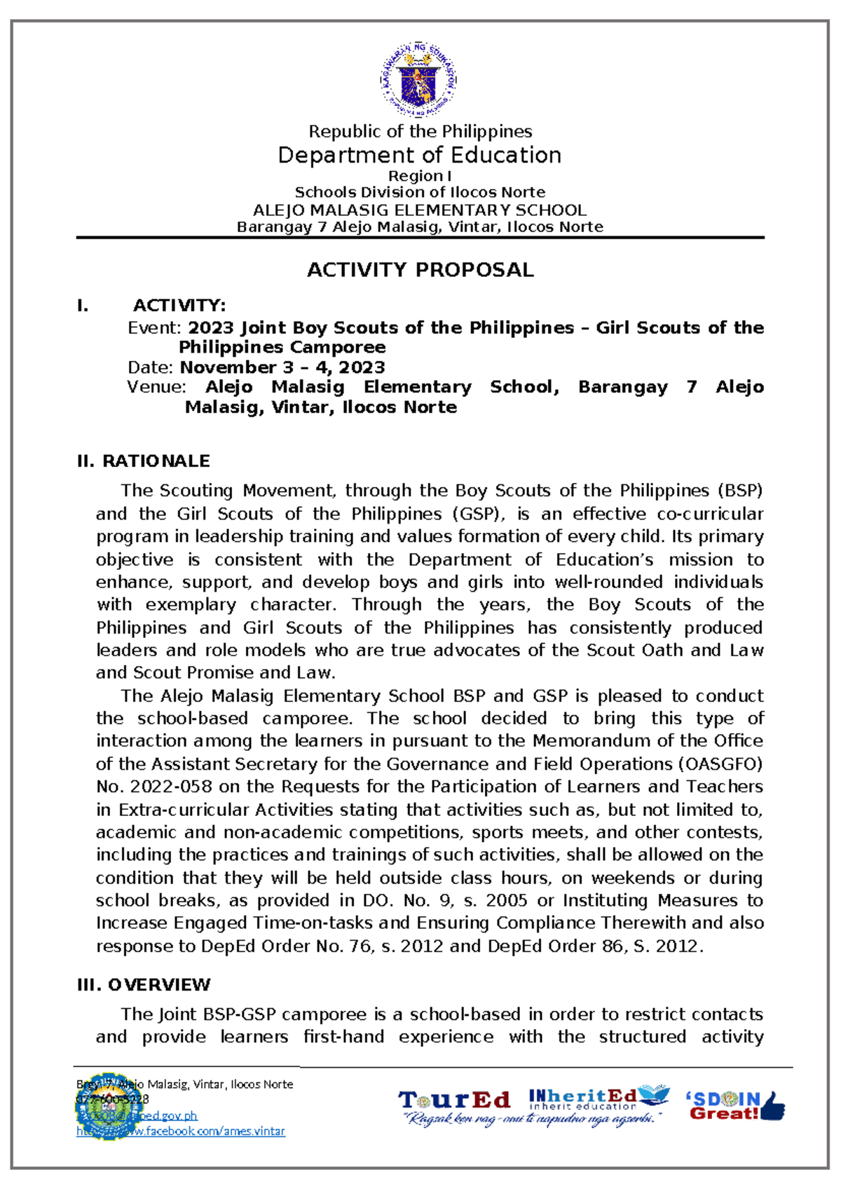BSP-GSP Camp 2023: Joint Activity Proposal for School Camporee - Studocu