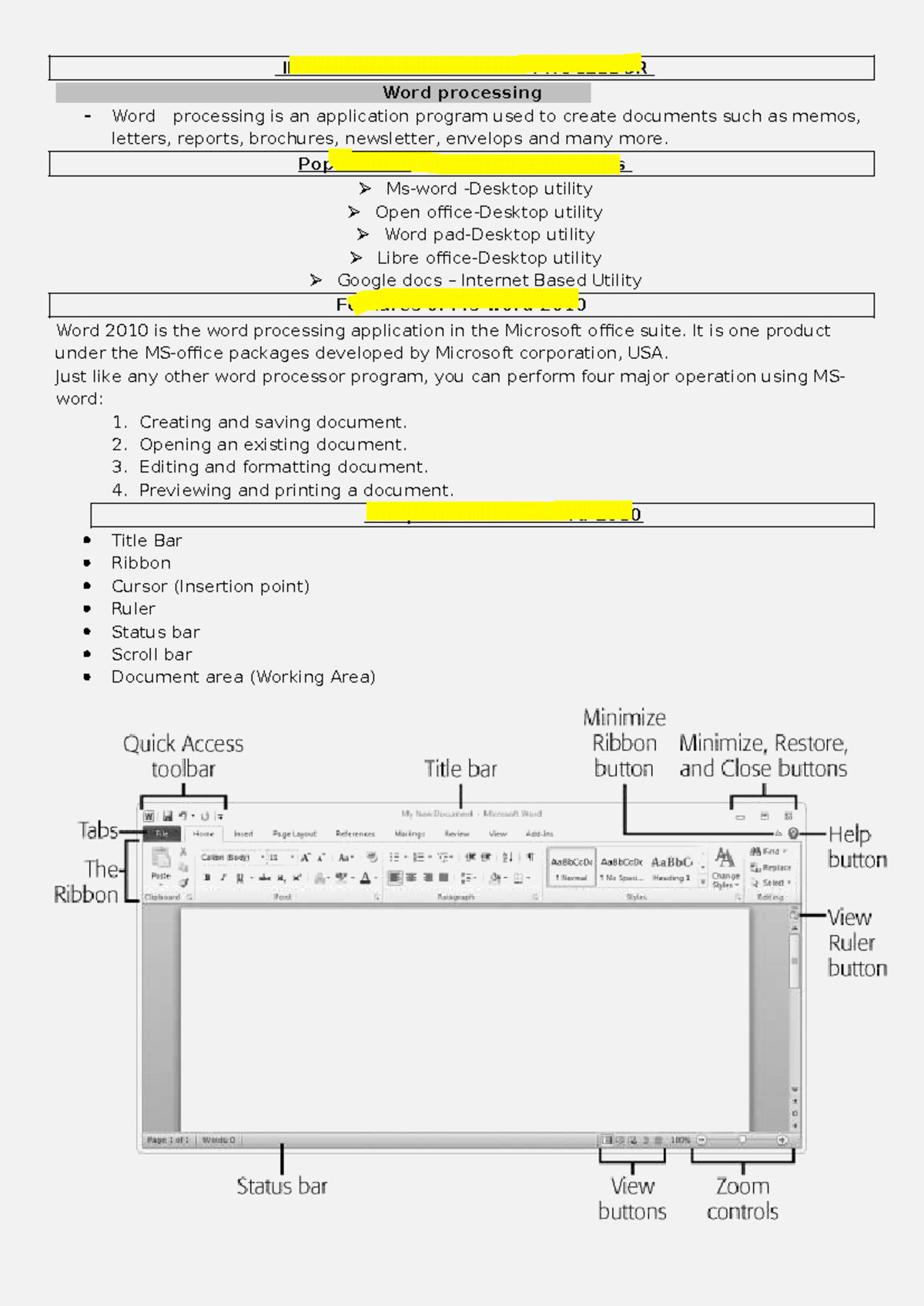 MS-WORD Notes for Grades 7-9: Introduction to Word Processing - Studocu